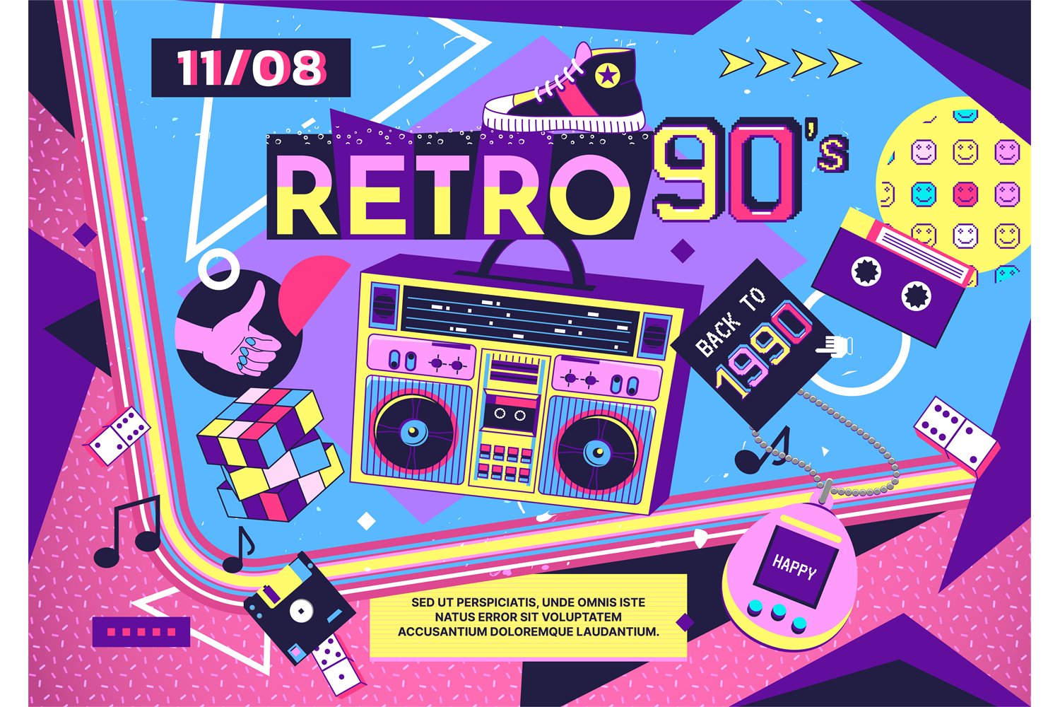 90s Music Background Retro 1990s Banner Vintage Geek Poste