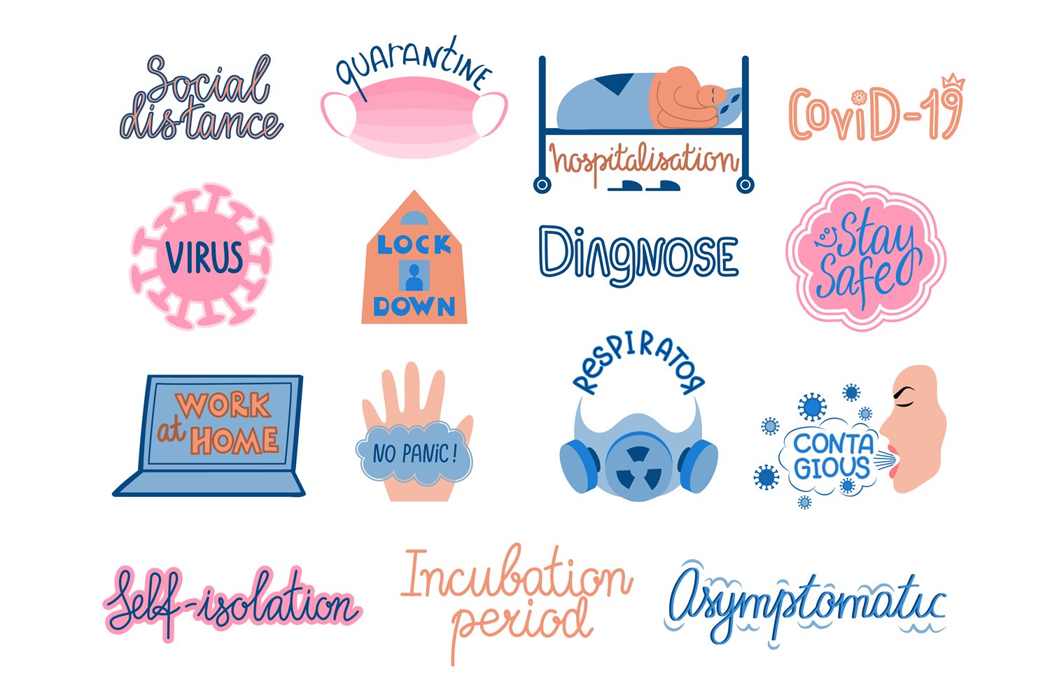 Covid stickers. Social safe hand lettering. Corona lockdown (2226538 ...