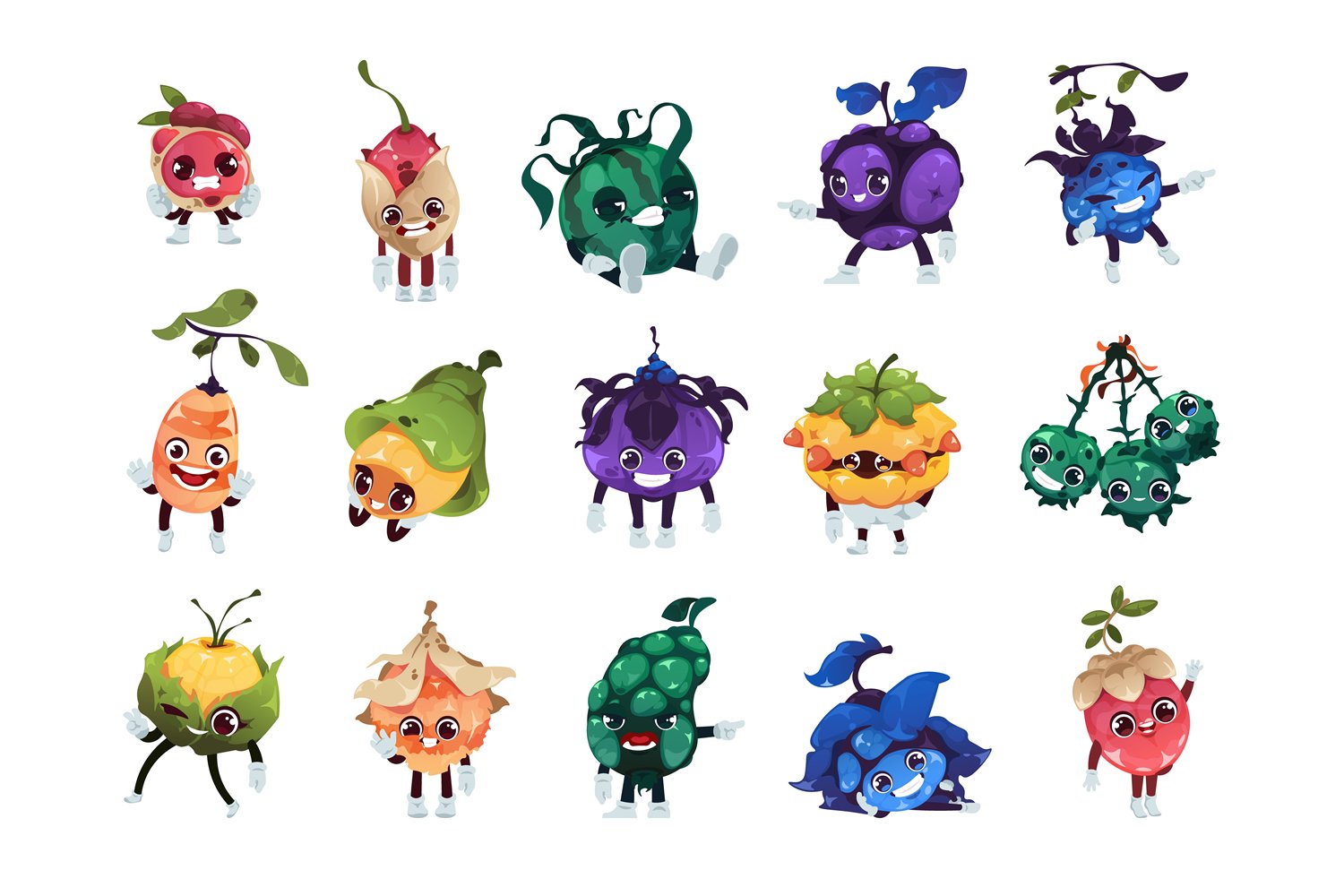 Fantasy fruits characters. Cartoon magic colorful berries wi