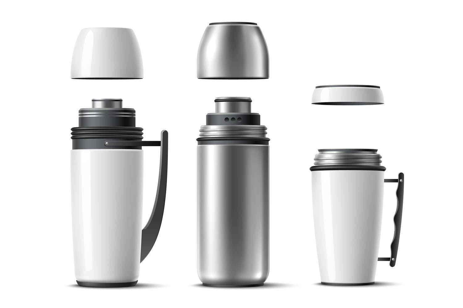 Opening cup thermos. Different types realistic opened thermo