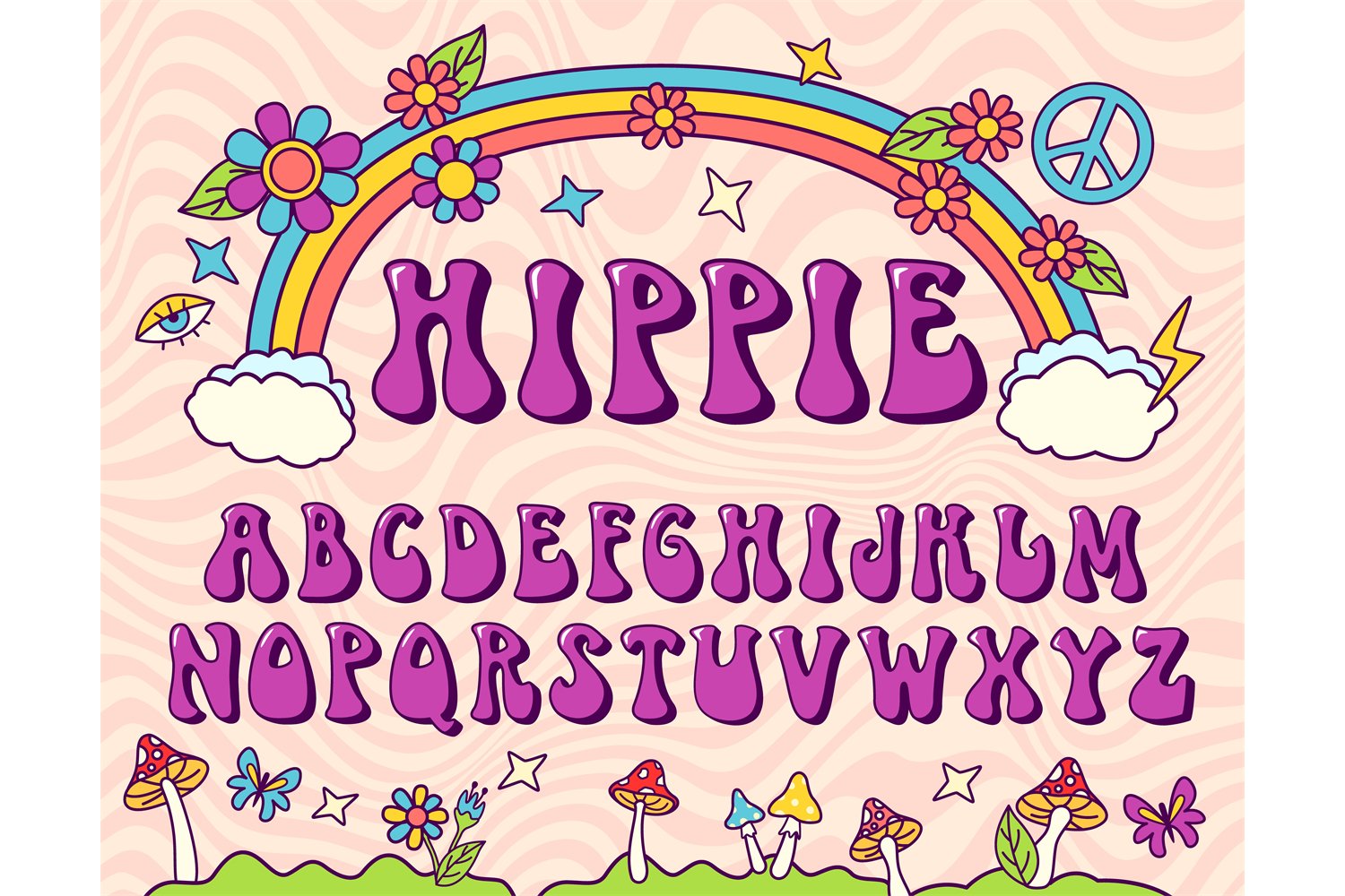 Hippie stylized groovy alphabet, seventies letters (2166399 ...