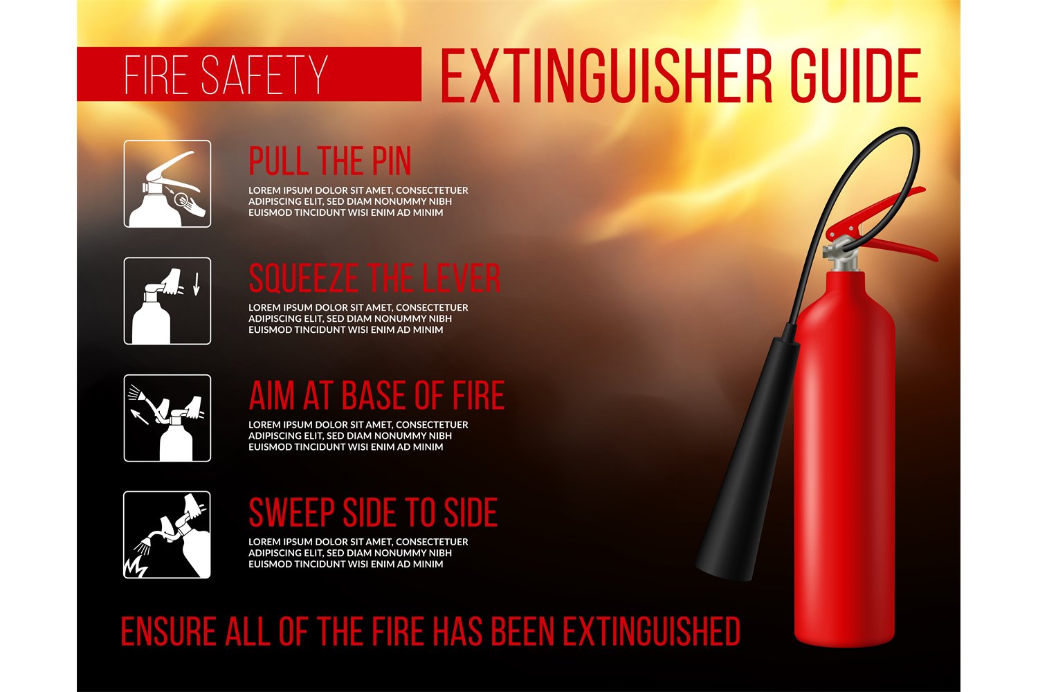 Fire extinguisher poster. Use safety. Firefighter (2245755)