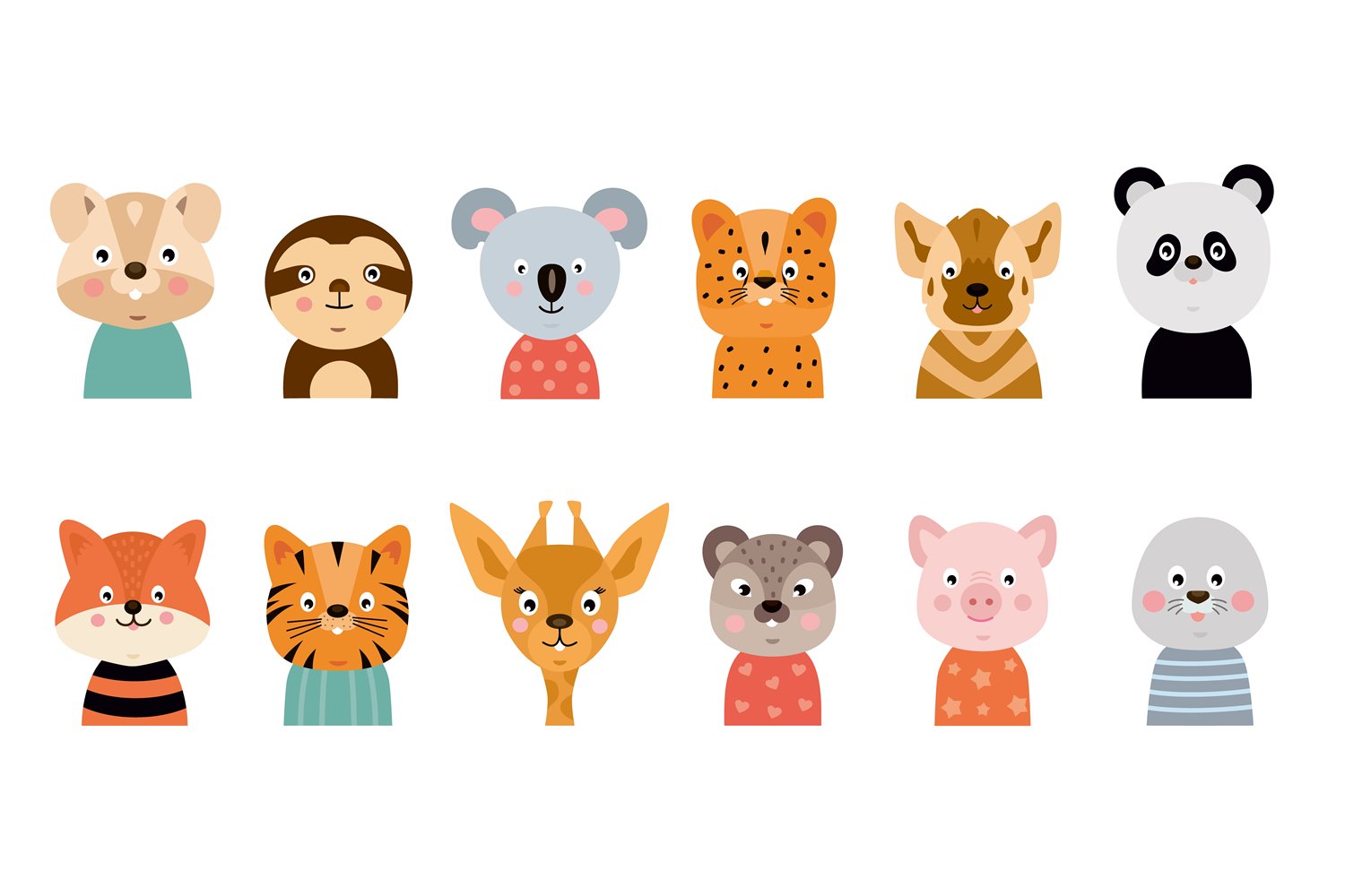 Baby animal faces, cute characters heads, baby shower, fores