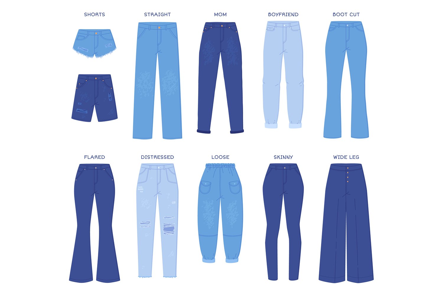 Cutting jeans pants. Denim pants models types jean clothes