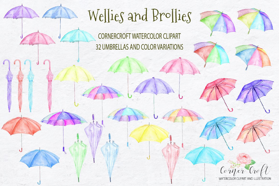 Watercolor Clipart Wellies and Brollies, Wellington Boots, Umbrellas ...