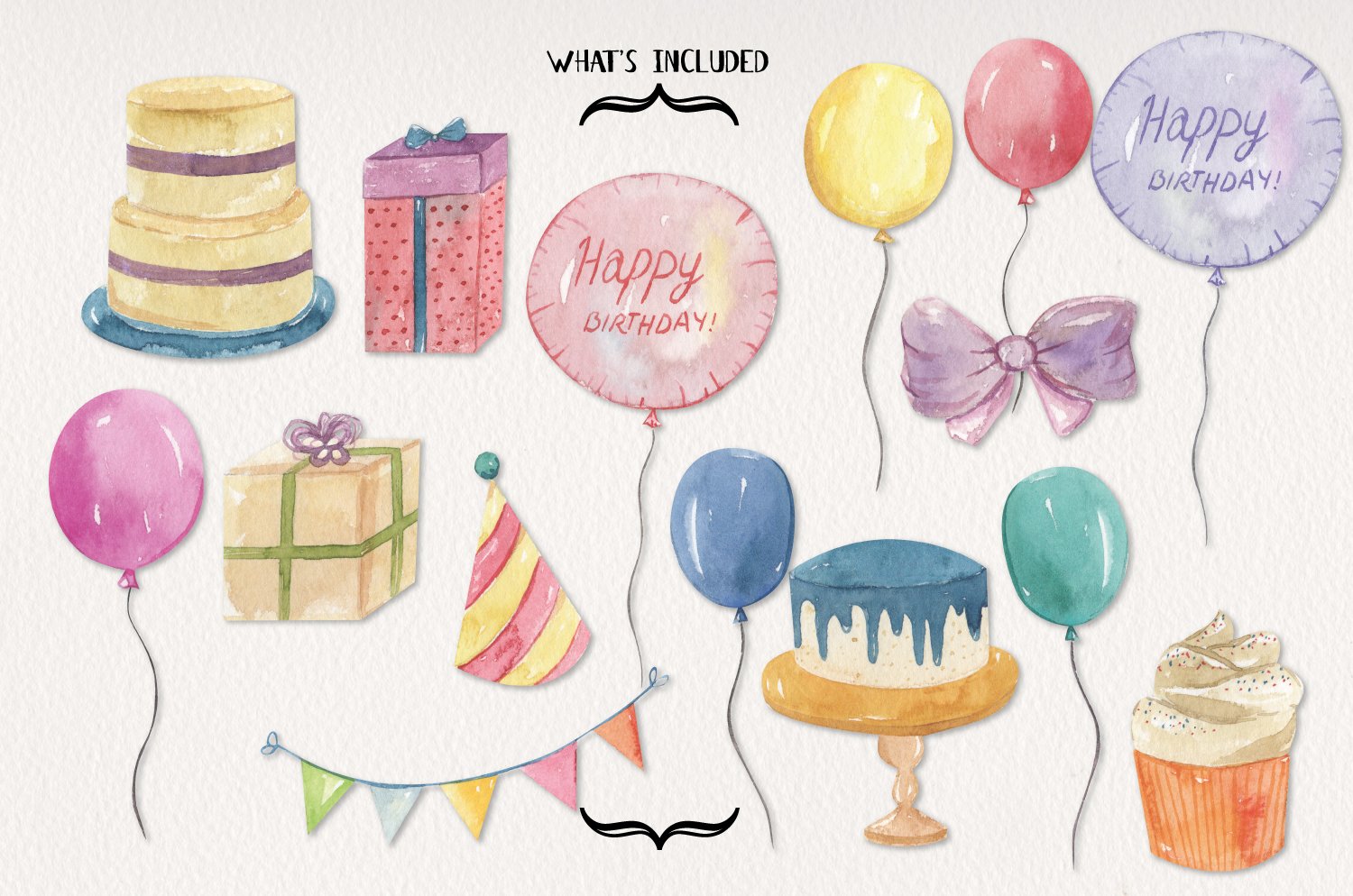 Happy Birthday Watercolor 15 Elements Hand Painted