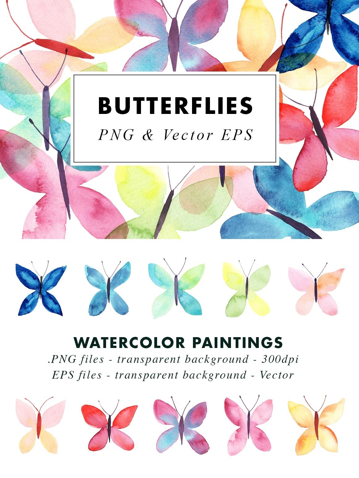 Watercolor Butterflies Illustration Clip Art PNG & EPS