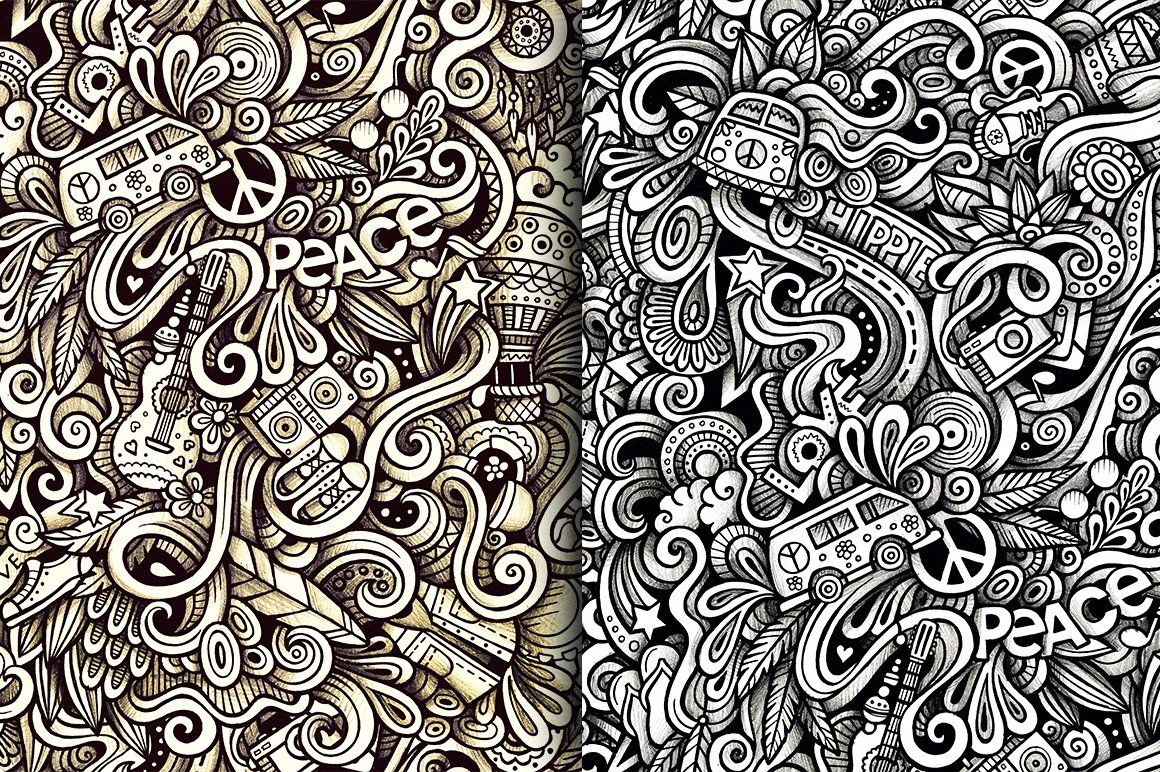 5 Hippie Graphic Doodles Patterns (89554) | Patterns | Design Bundles