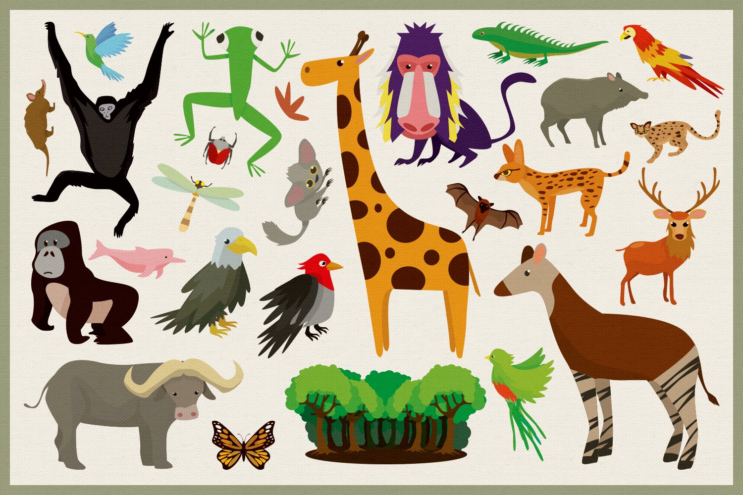 Tropical Animals Vector Clipart and Seamless Pattern