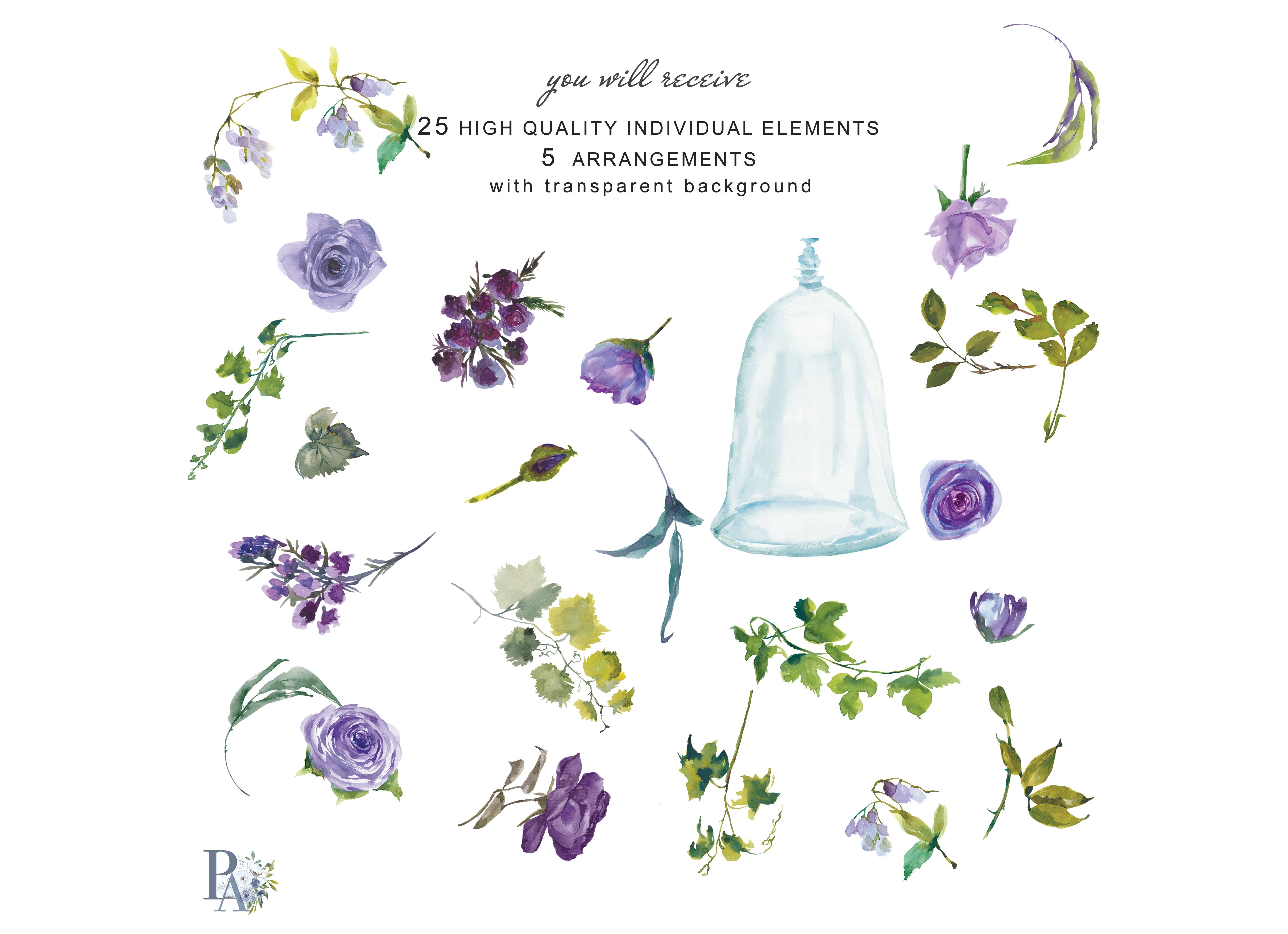 Hand Painted Watercolor Purple Flowers Clip Art (71270) | Illustrations ...