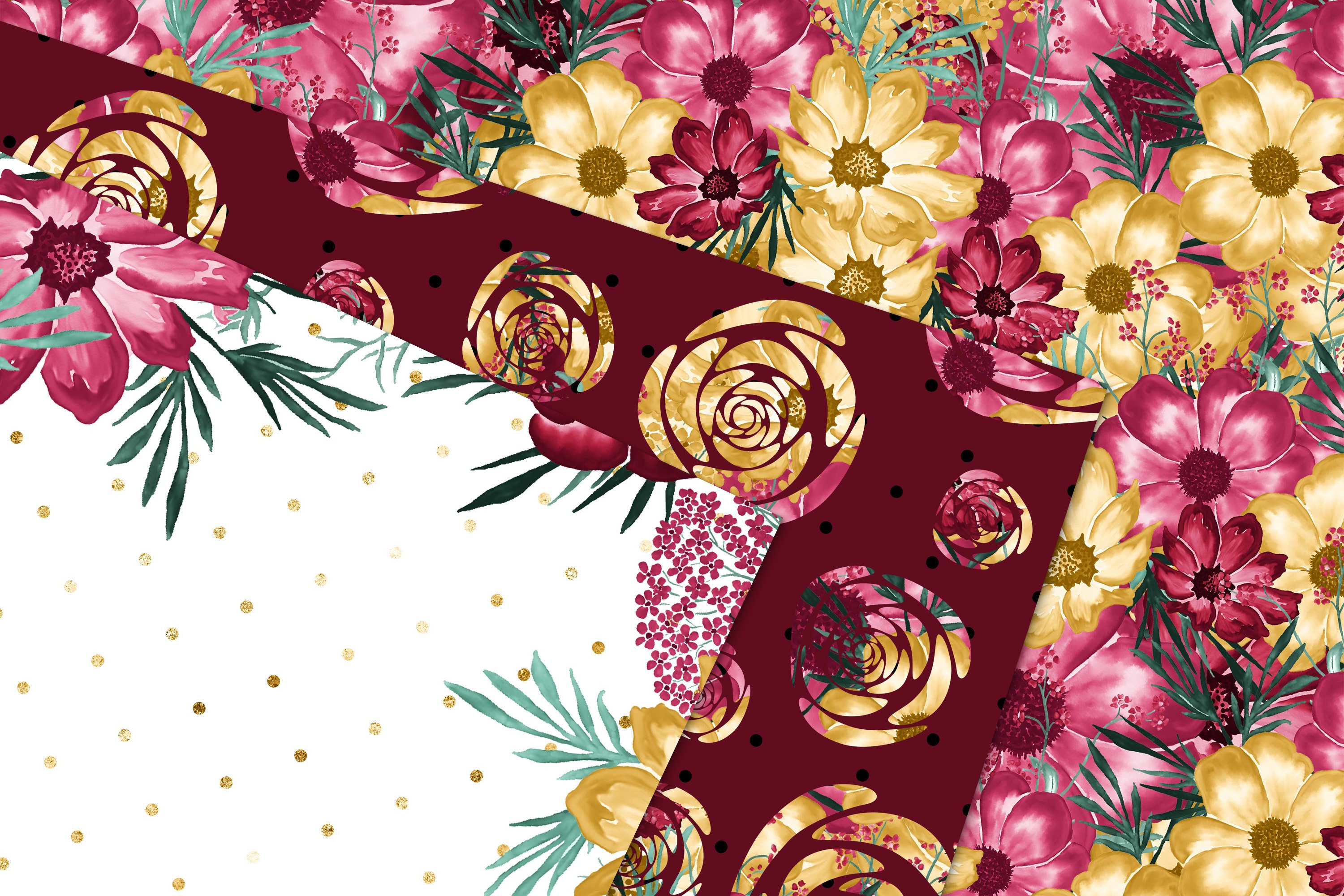 Red Gold Floral Digital Papers (304191) | Patterns | Design Bundles