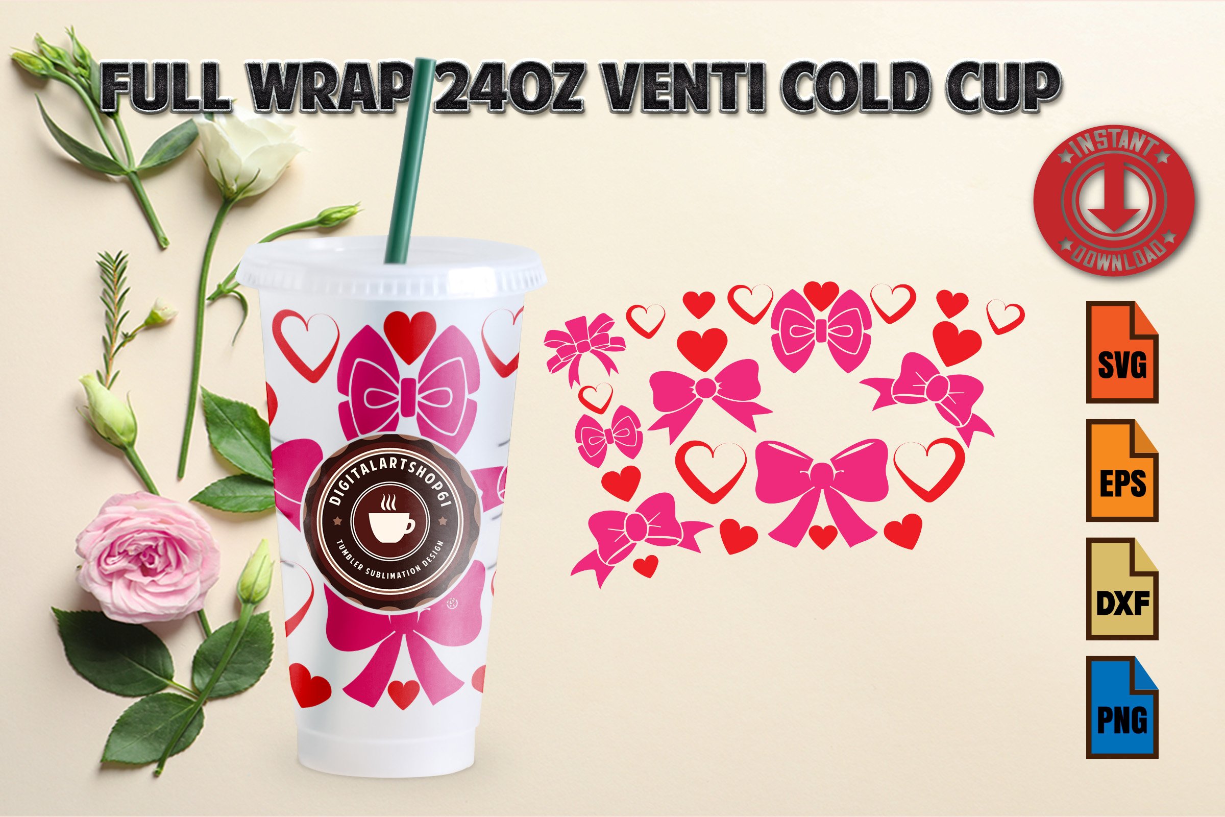 Bow heart pink Full Wrap Venti Cold Cup 24 Oz SVG