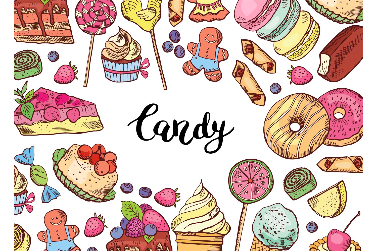 Vector hand drawn colored sweets horizontal background illus (815492 ...