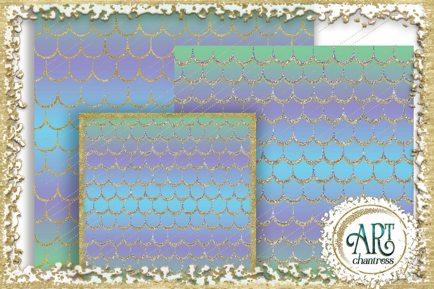 18 Digital Papers - Rainbow with Gold Glitter - Mermaid Scale Tail ...