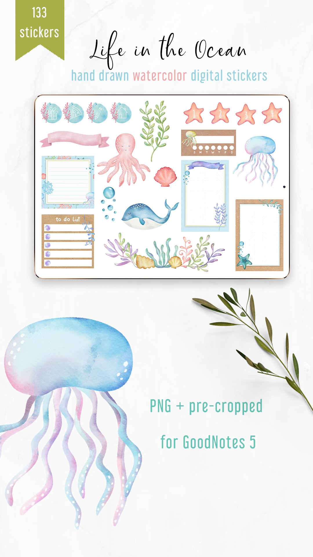 Digital Stickers Watercolor Ocean PNG GoodNotes 5 (541686) | Objects ...
