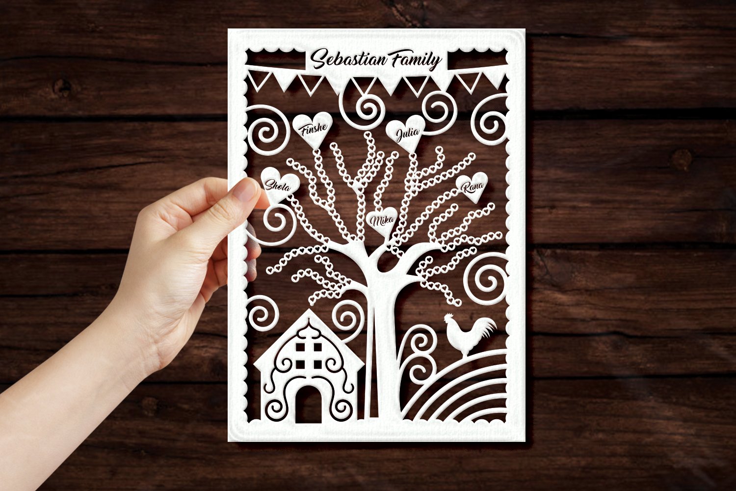 Papercut Heart Family Tree with Floral Shapes, Home, Flags
