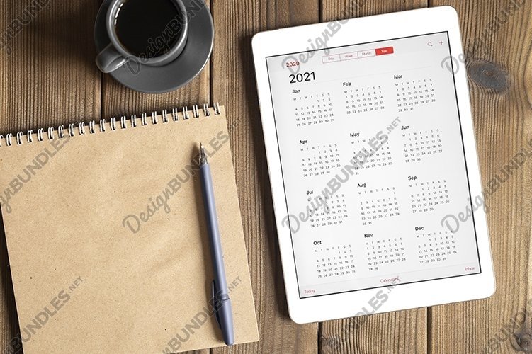 tablet with calendar for 2021, coffee, notebook, copy space (1035262 ...