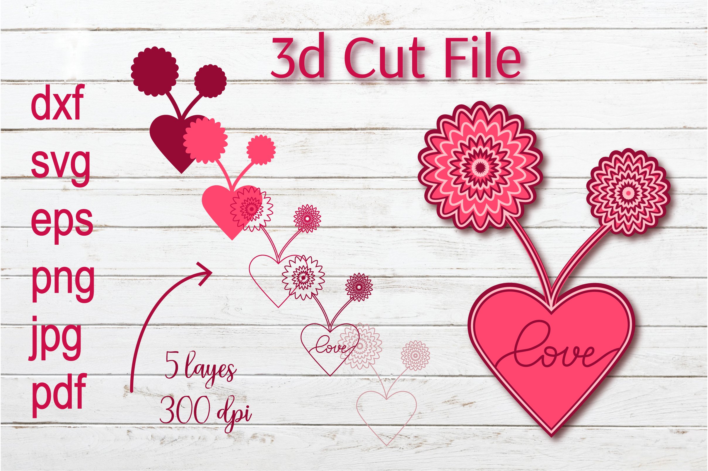 3D Valentine's Cut File SVG. 3D multilayer Heart Print. (1135098 ...