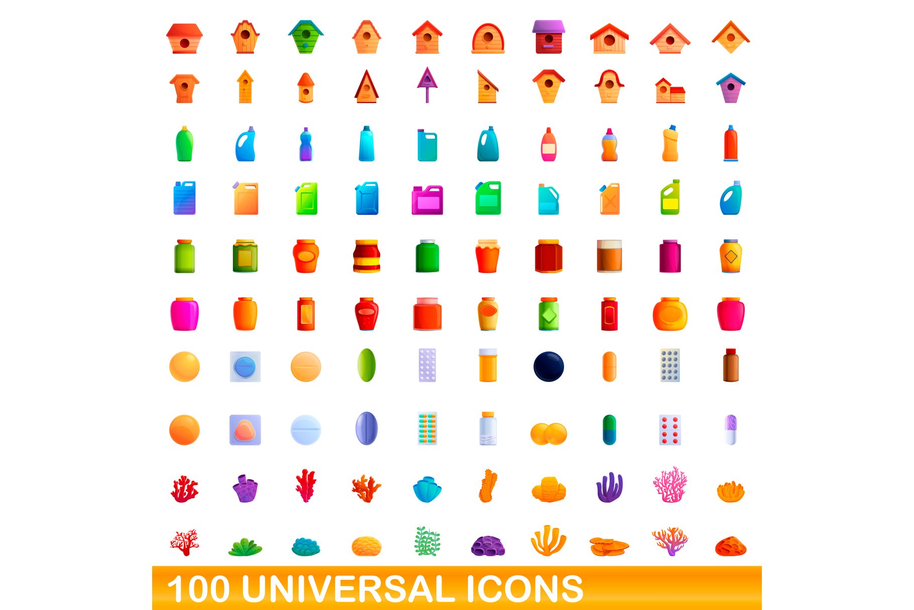 100 universal icons set, cartoon style (651335) | Illustrations ...