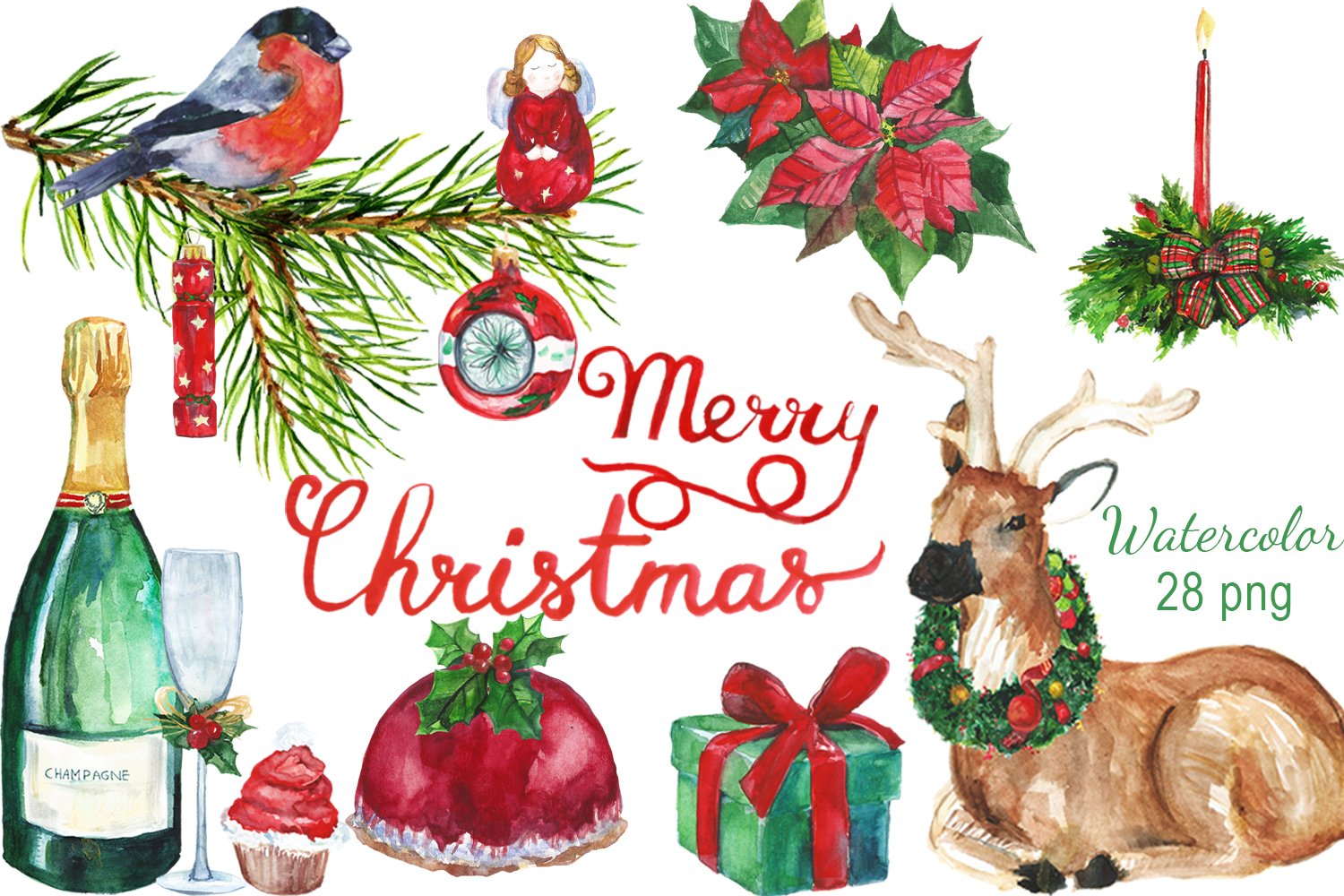 Watercolor Christmas digital clip art (26921) | Illustrations | Design ...