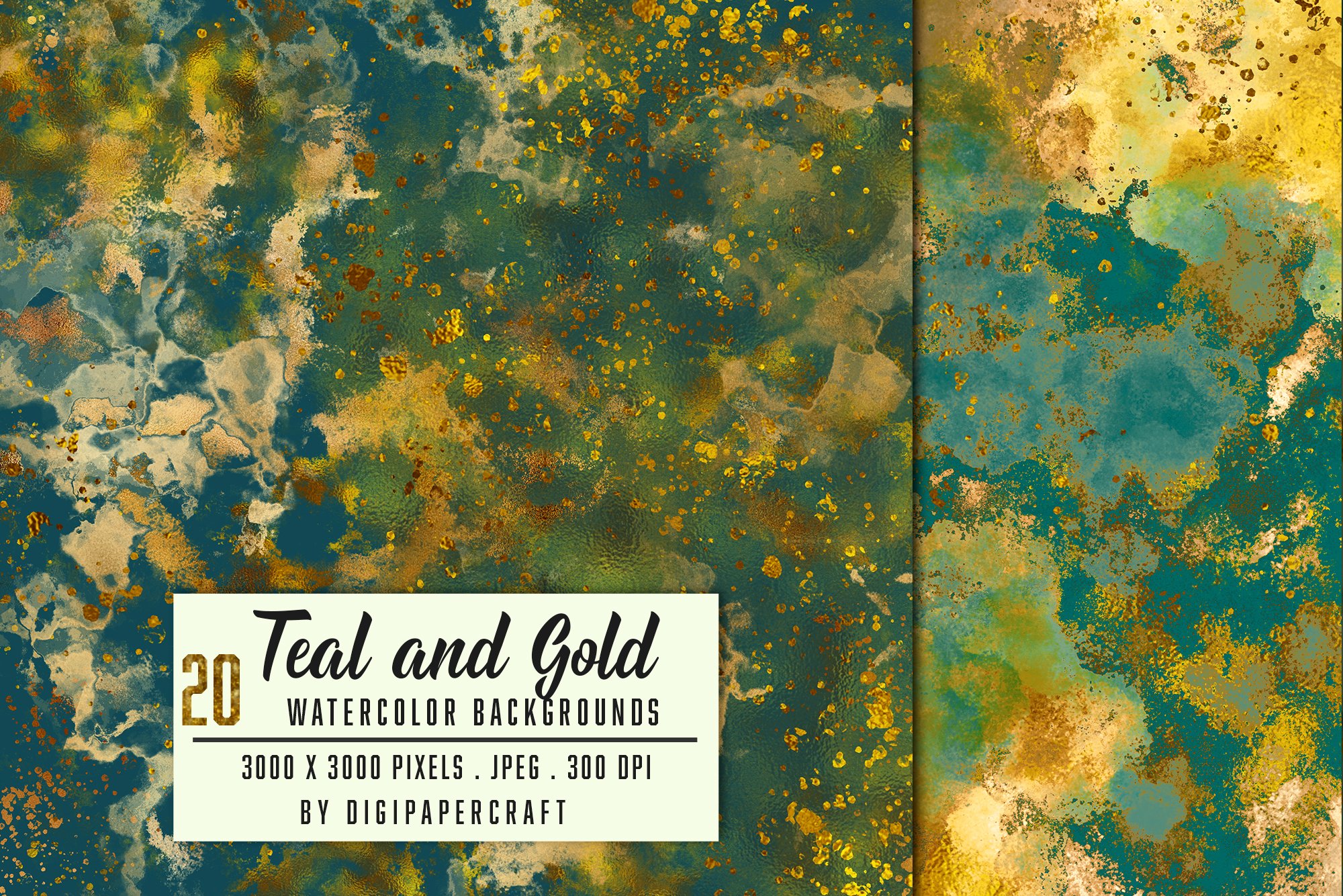Teal and Gold Watercolor Digital Paper, Alcohol ink paper (891747 ...