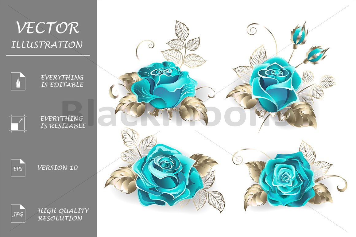 Set of Turquoise Roses (34314) | Illustrations | Design Bundles