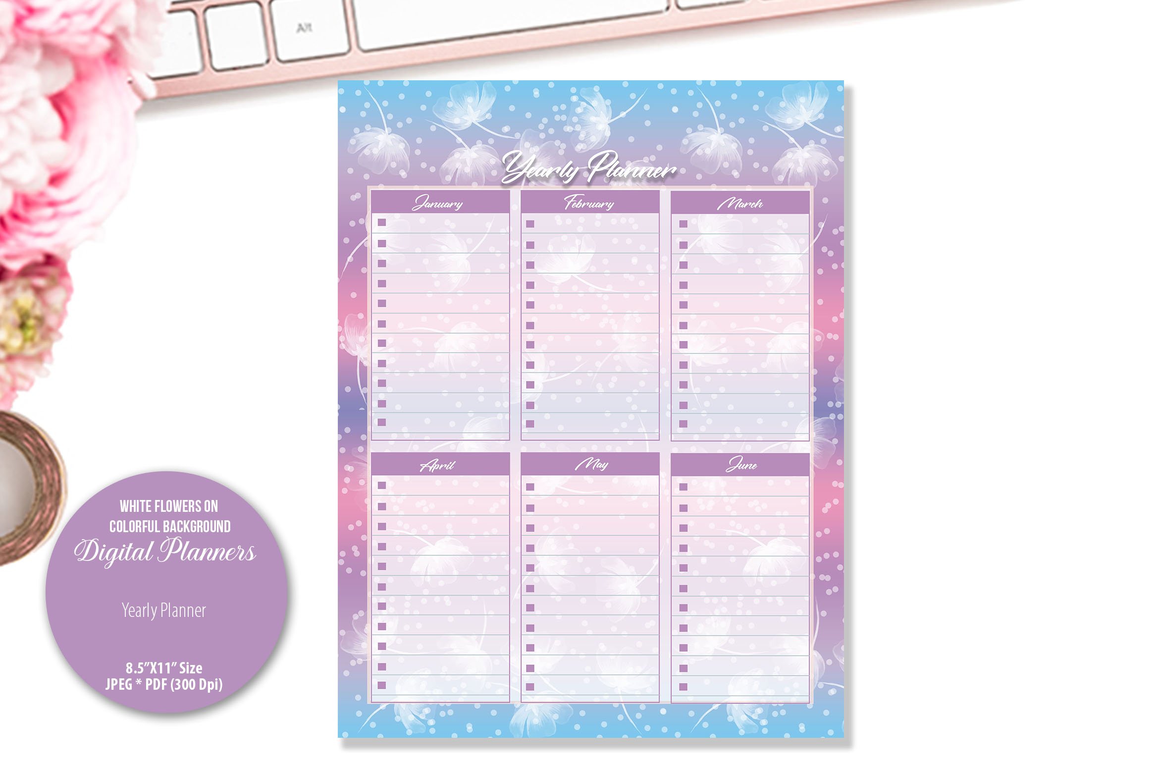 White Flowers on Colorful Background Digital Planner