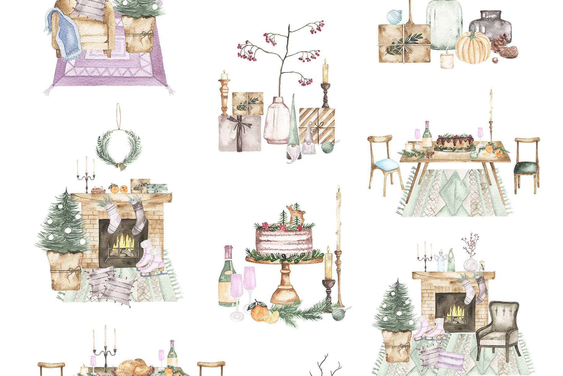 Watercolor Christmas Holiday set (406592) | Illustrations | Design Bundles