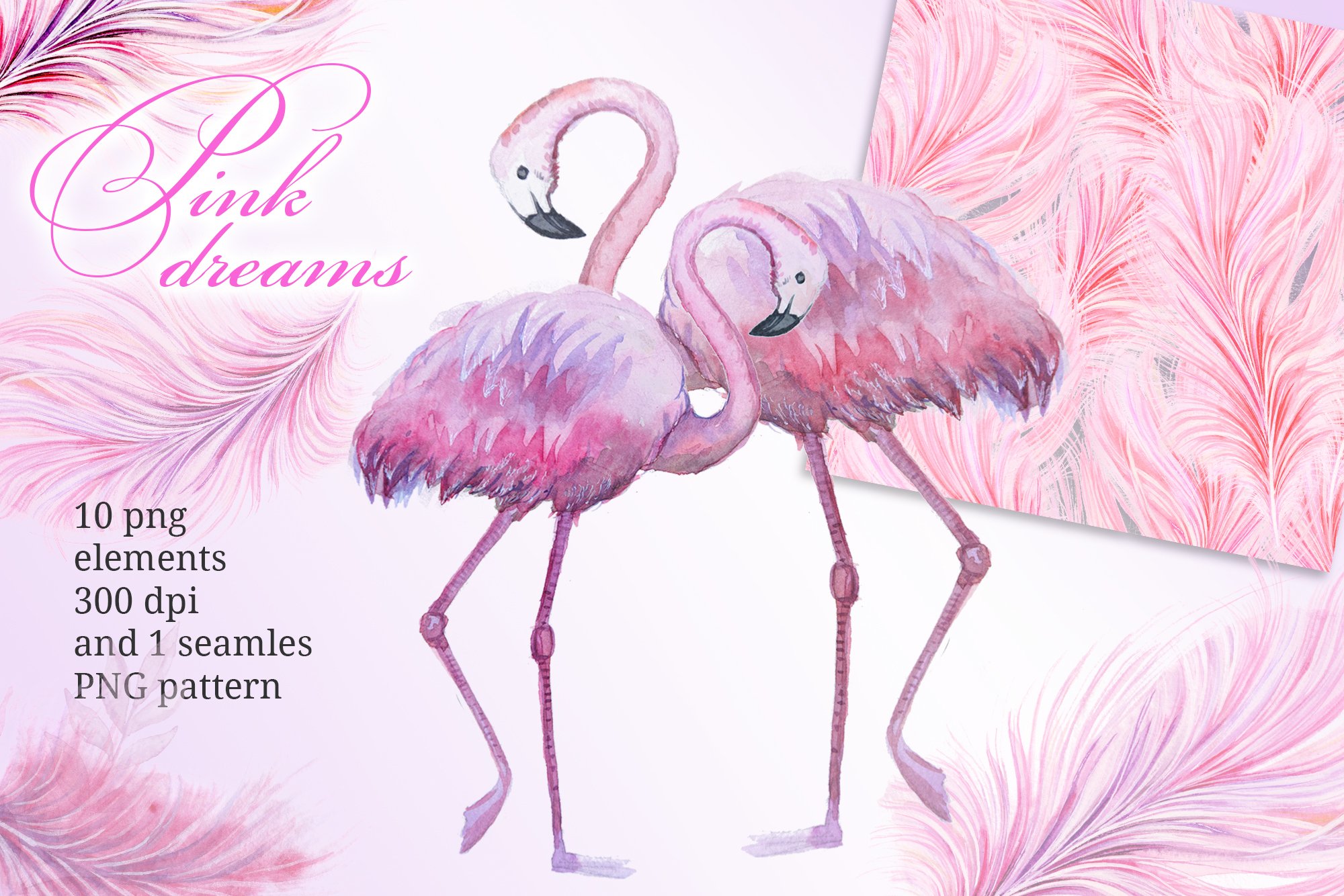 Watercolor pink flamingo and feathers (1135127) | Characters | Design ...