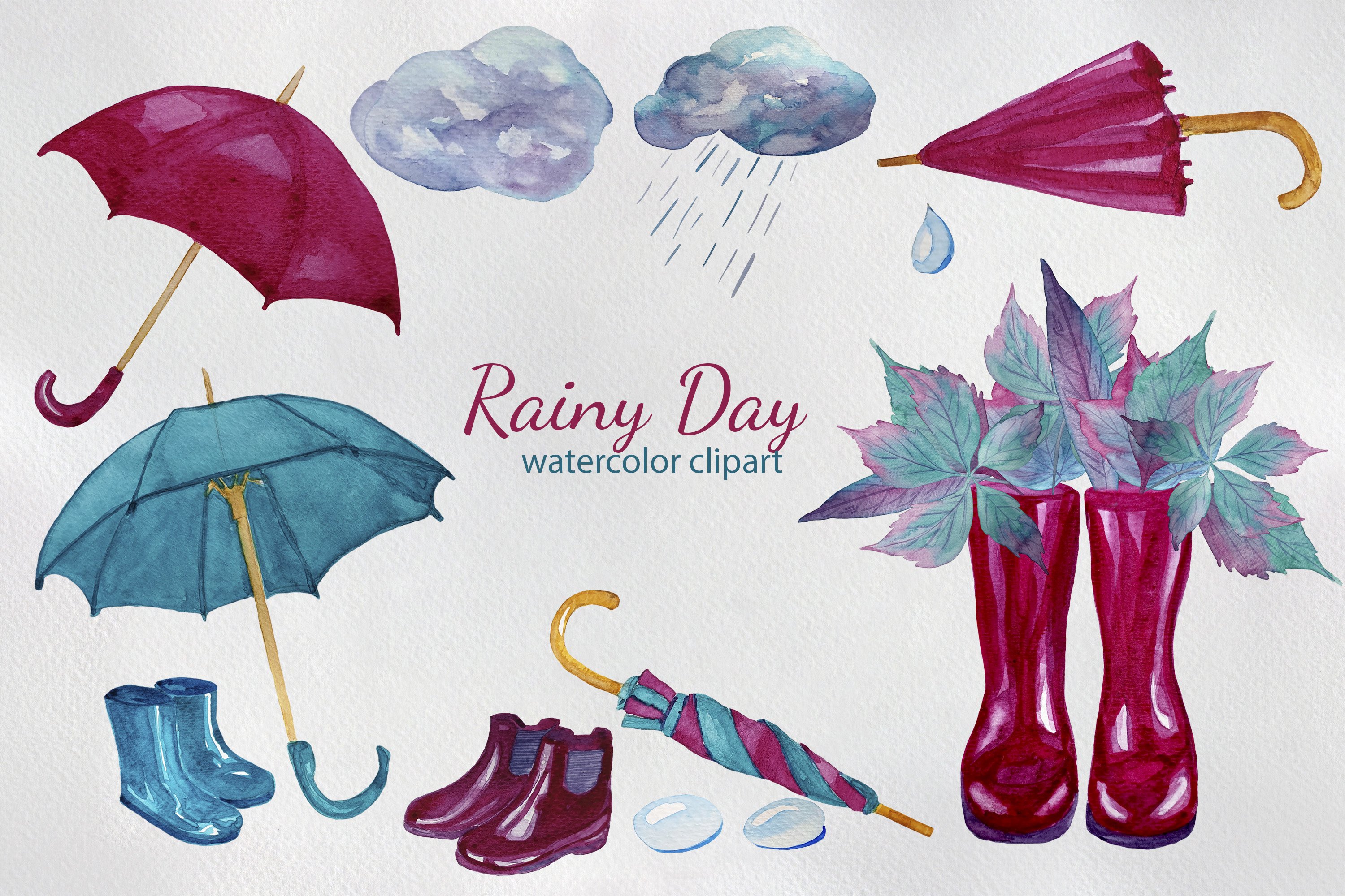 Rainy Day Watercolor Clipart (533984) | Illustrations | Design Bundles