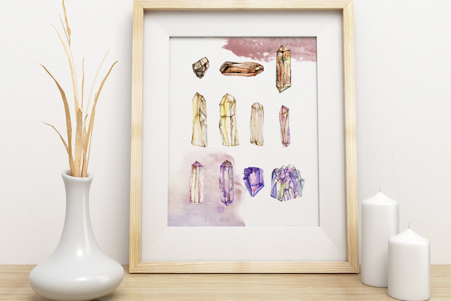 Watercolor set of Crystals Gems, Flowers, Watercolor Spots (560628 ...