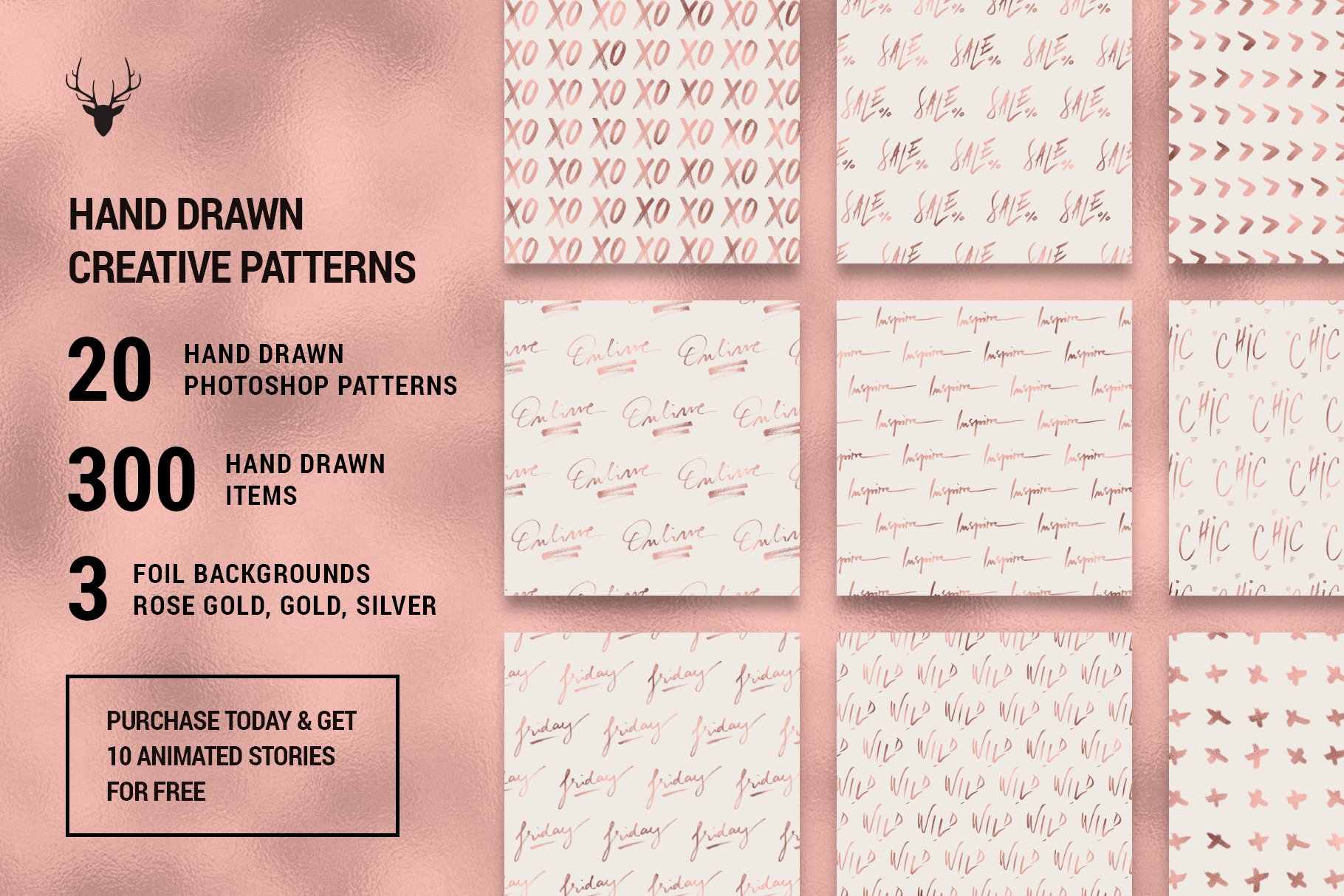 Rose Gold Hand Drawn Pattern Pack - Gold, Silver and Rose Gold ...