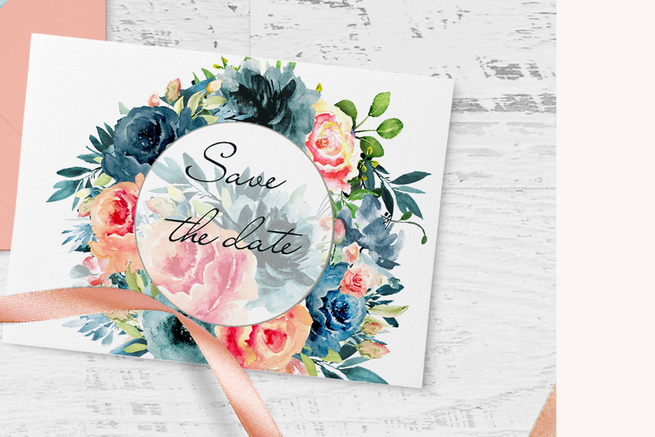 Wreath clipart Watercolor Coral Navy Flowers Frame invite (563709 ...