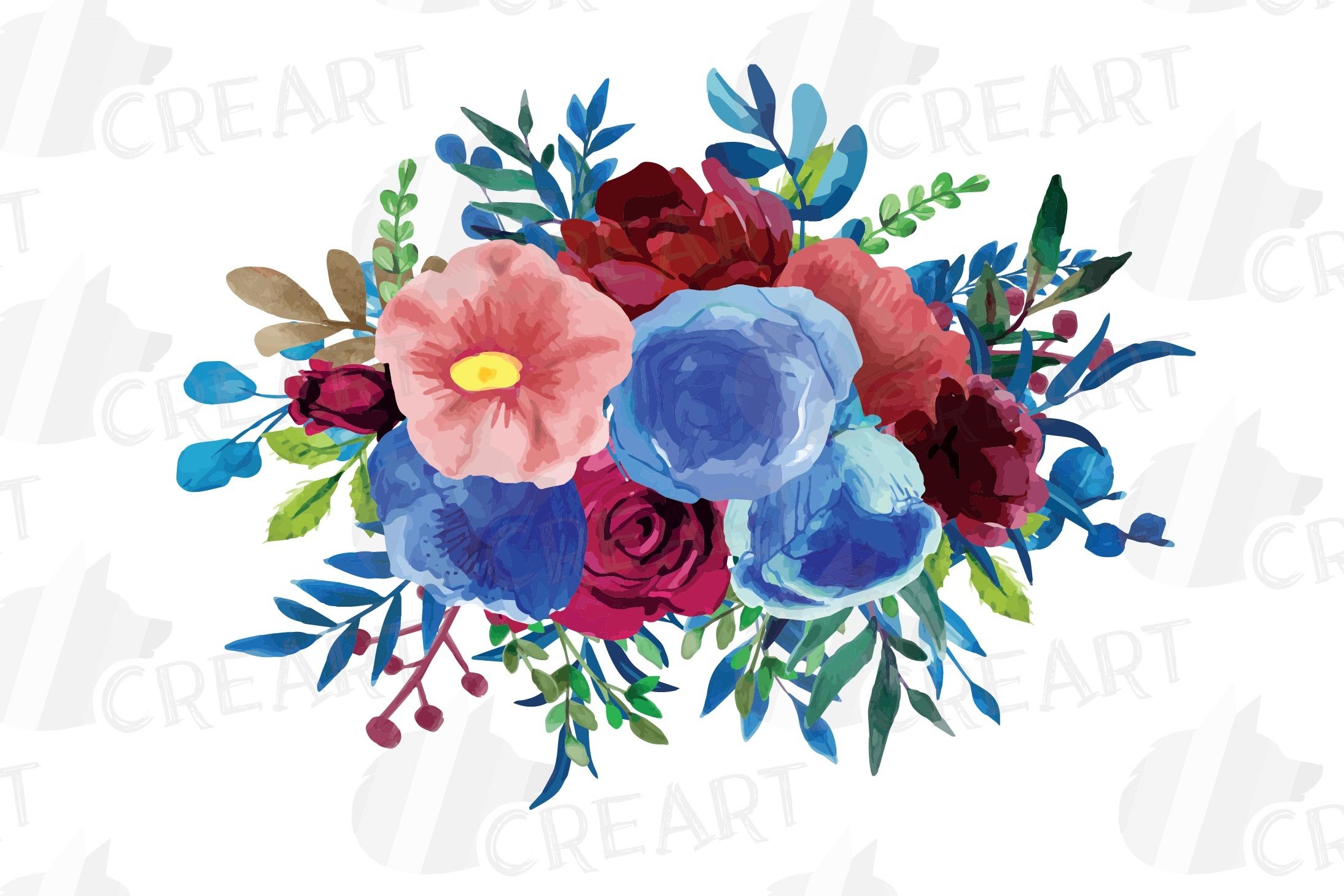 Colorful blue and red floral watercolor wedding bouquets png (373272 ...