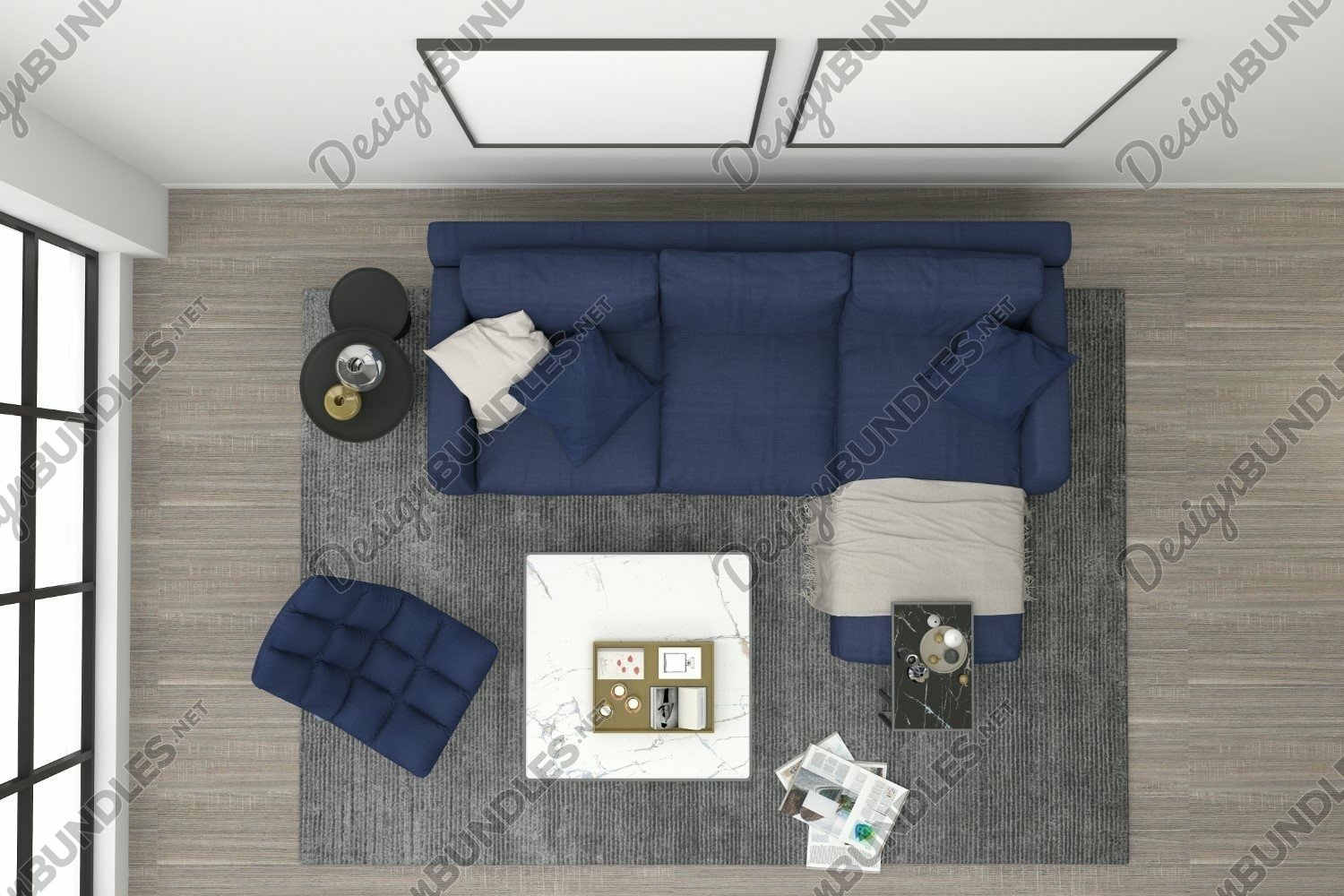 Top View Living Room Blue Sofa (1321832) | Architecture | Design Bundles