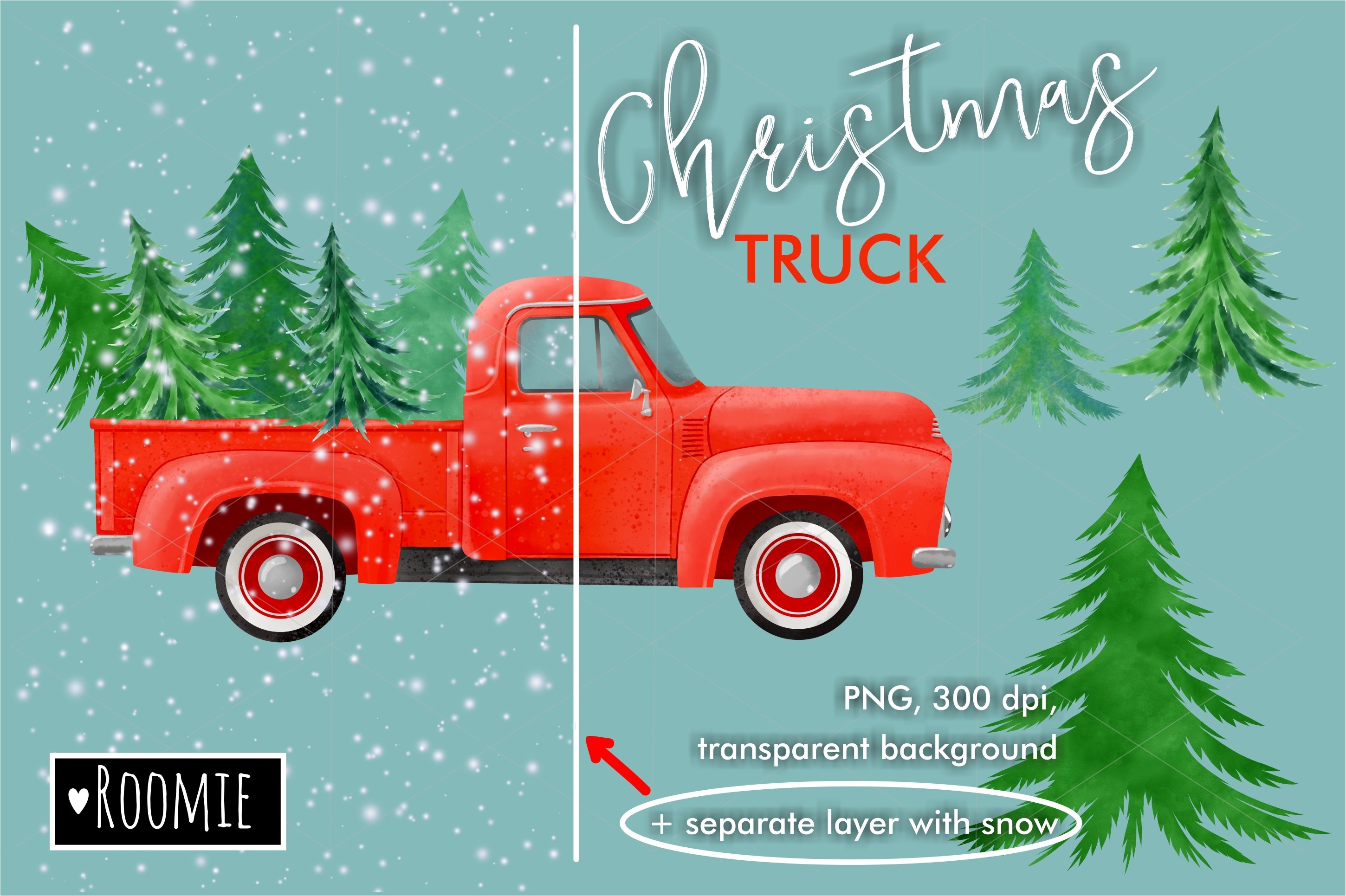 Watercolor Christmas Red TRUCK with pine trees PNG, New Year (1024554 ...