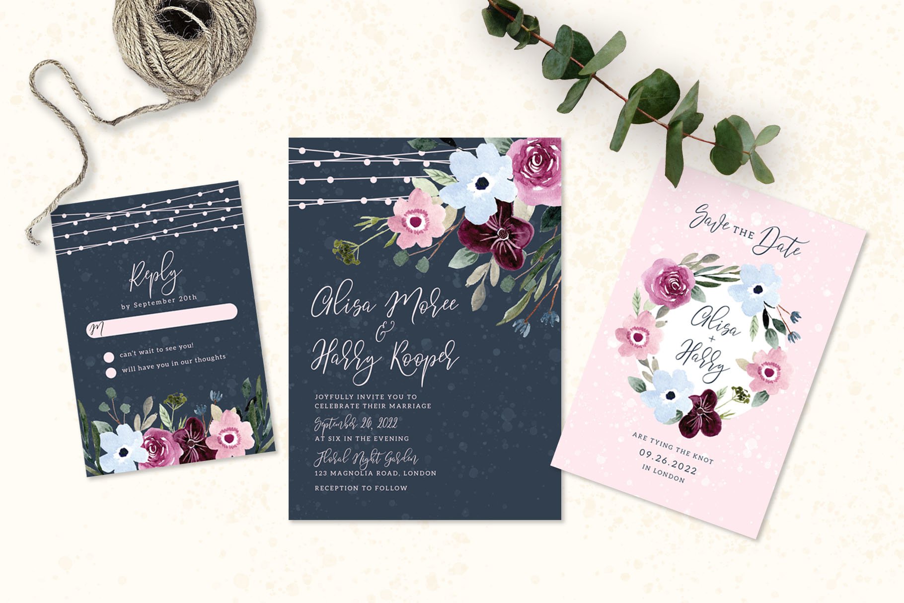 Floral and String Light Wedding Invitation Suite