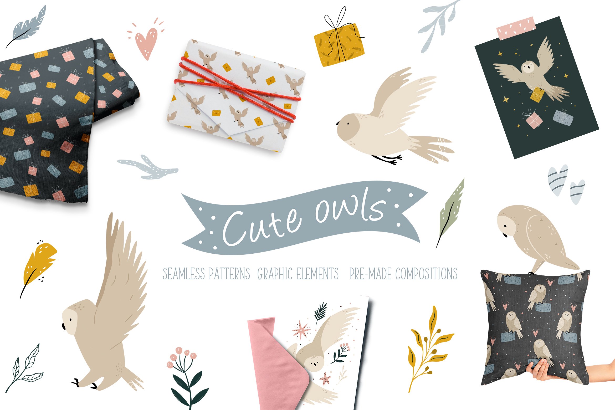 Cute Owls Set. Seamless Patterns, Graphic Elements PNG, SVG (1145129 ...