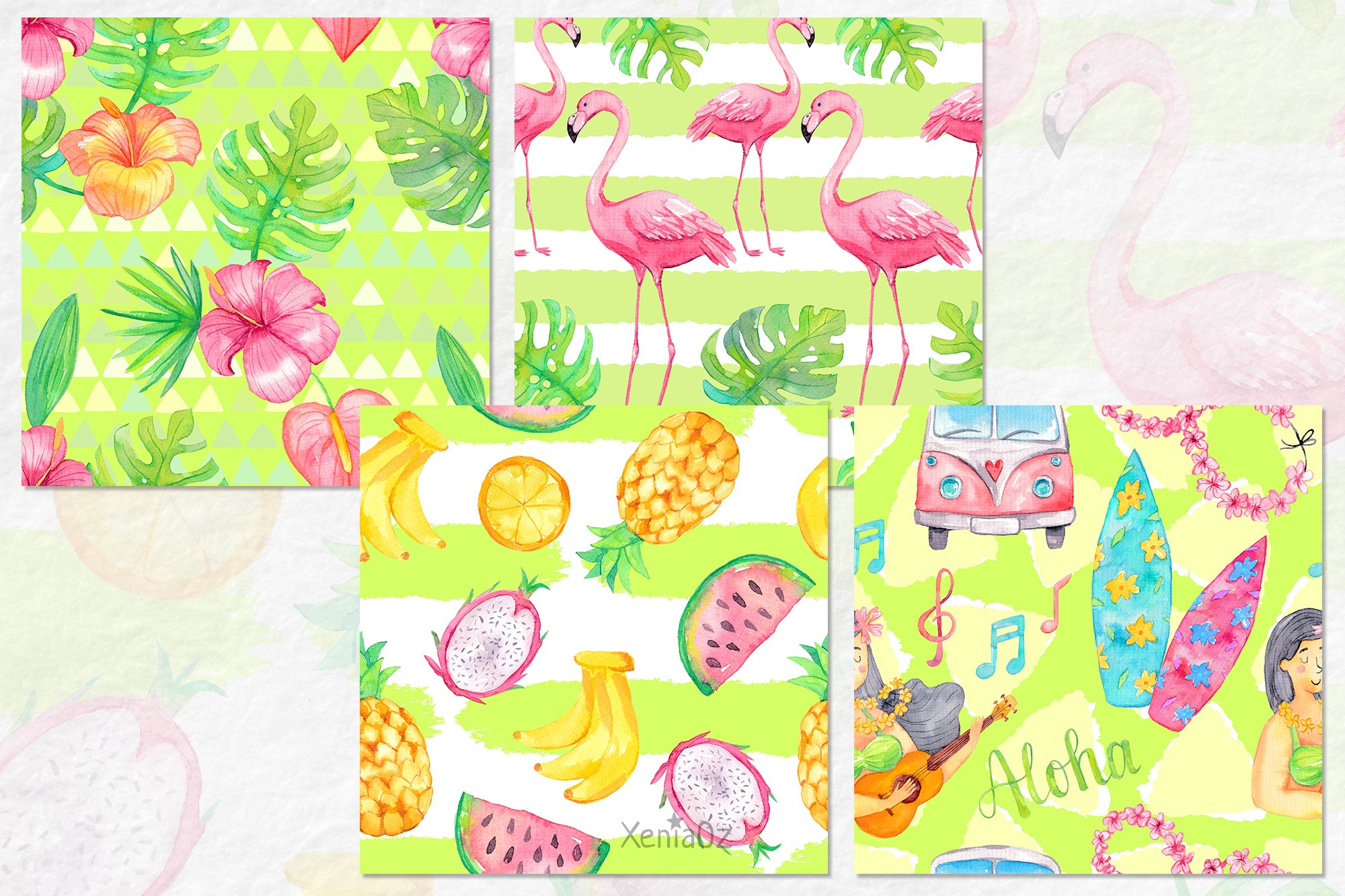 Tropical Digital Paper Pack, Watercolor Hawaii Backgrounds (818995 ...