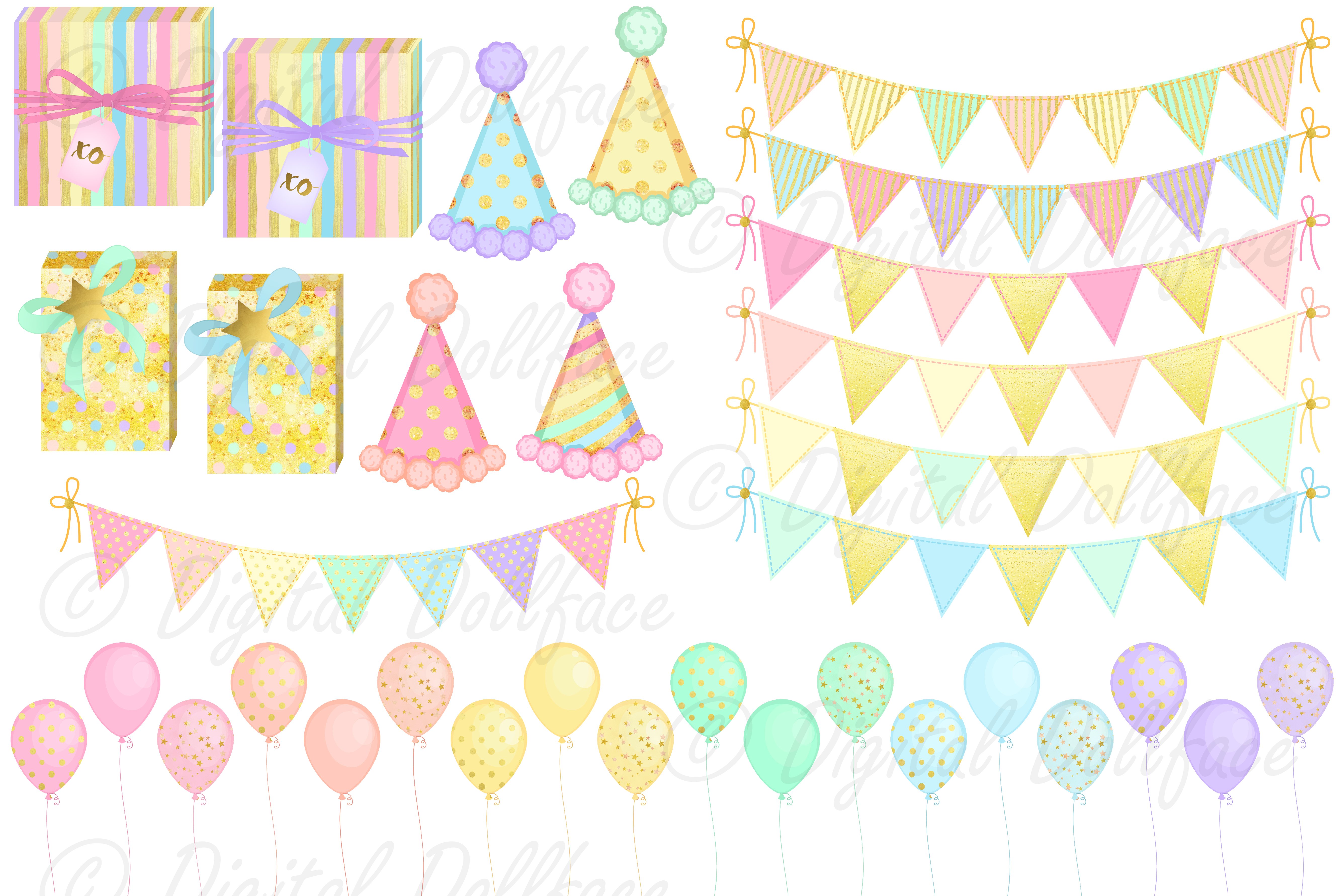 Happy Birthday Clipart and Digital Papers / Pastel Rainbow Party ...