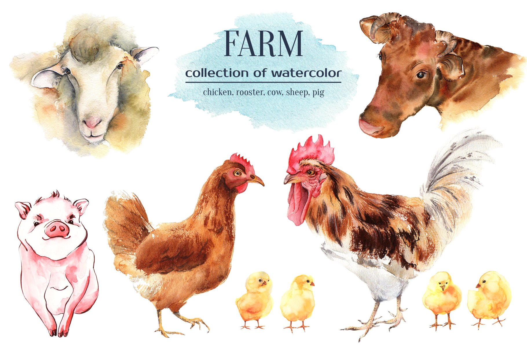 Farm animals watercolor collection (247406) | Illustrations | Design ...