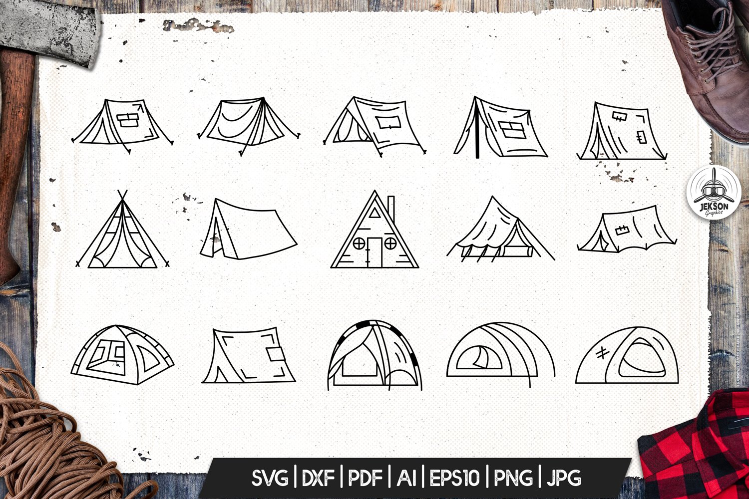 Camping Tent Set Adventure Line Art Vector Graphic SVG PNG (571780 ...