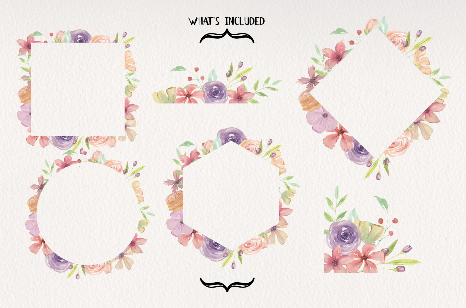 Jenna Floral Frames Watercolors Foliage Pastel Purple Rose