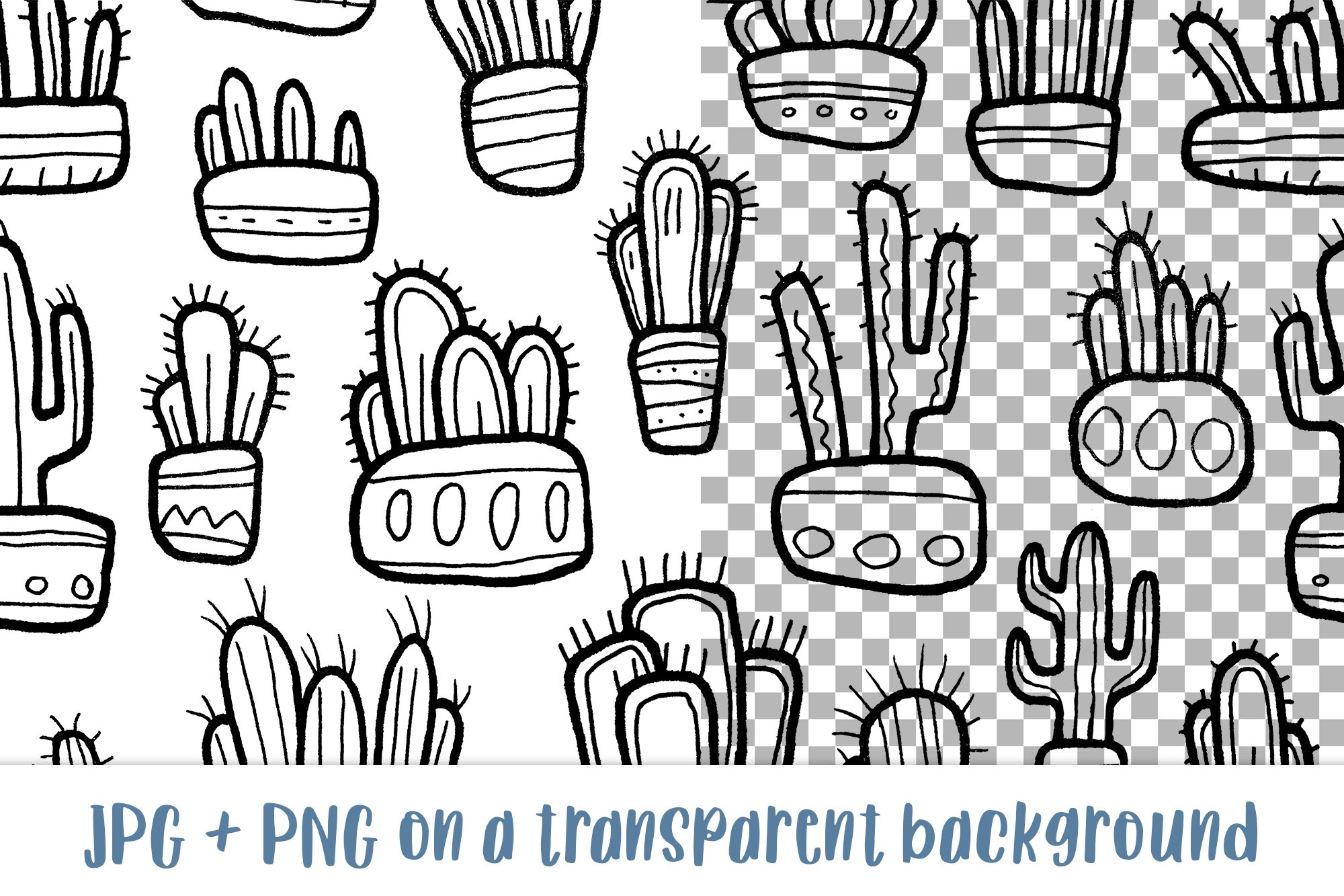 Cactus digital paper Succulent png Black seamless pattern (655810 ...