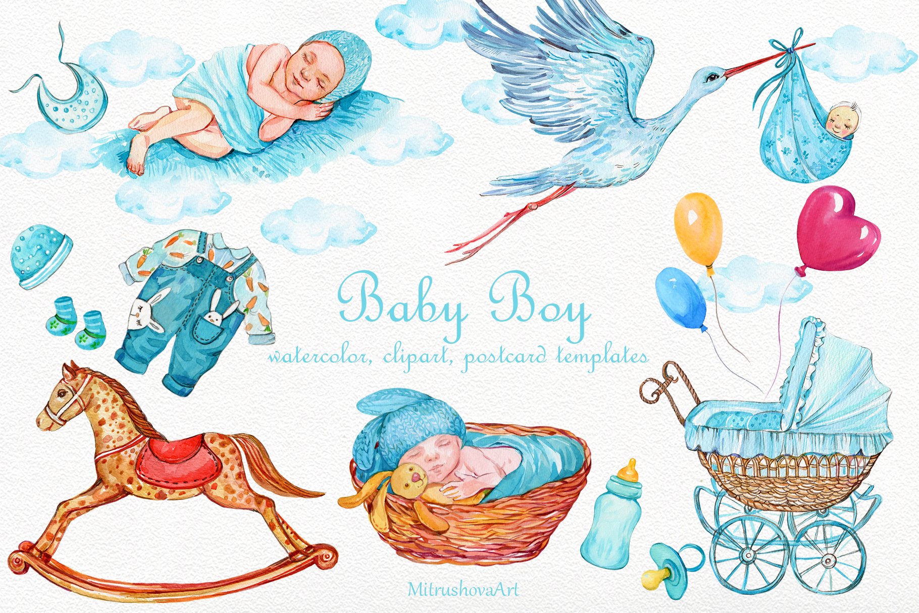 Baby boy Watercolor Clipart (820807) | Illustrations | Design Bundles