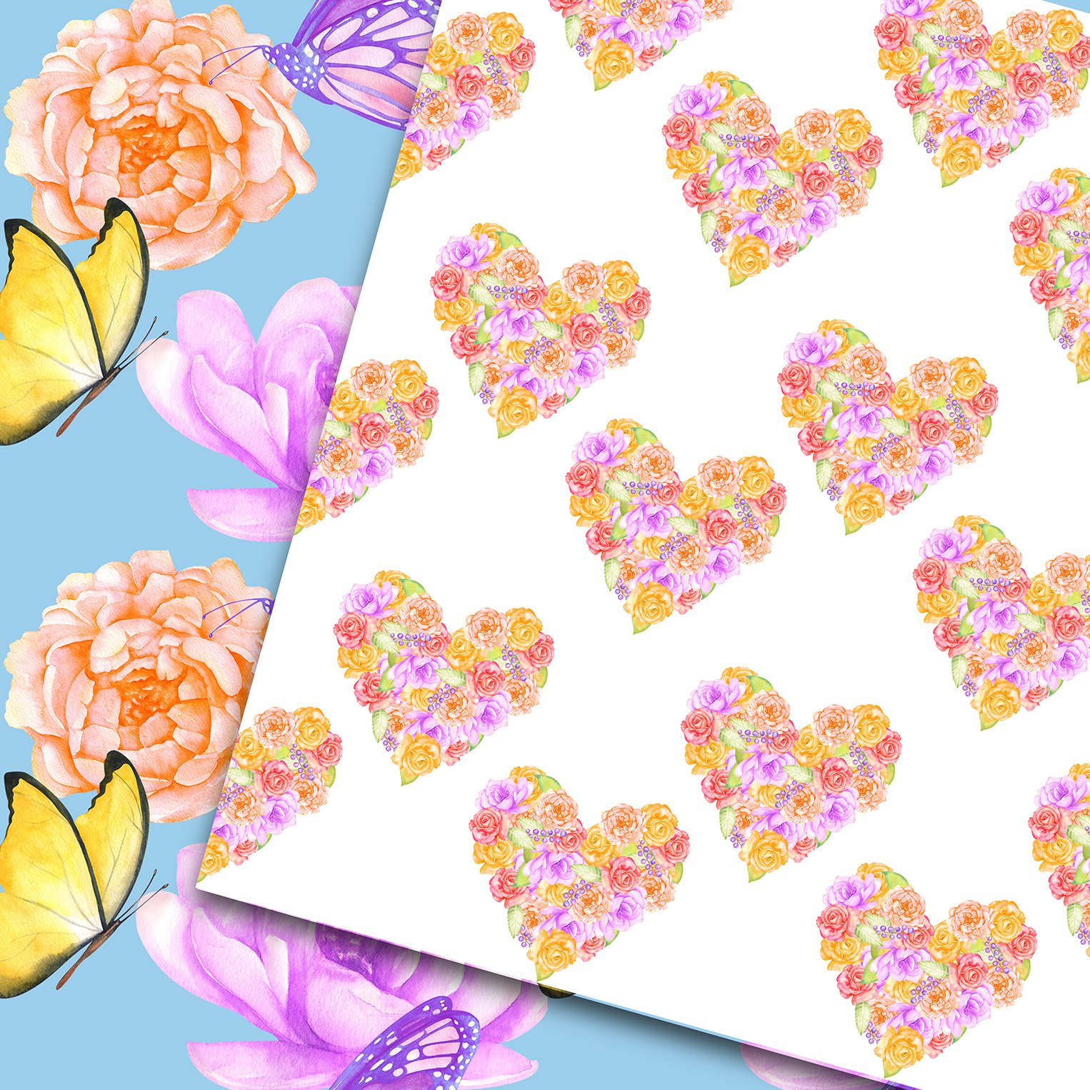 Watercolor flowers and butterflies digital paper pack (460738 ...