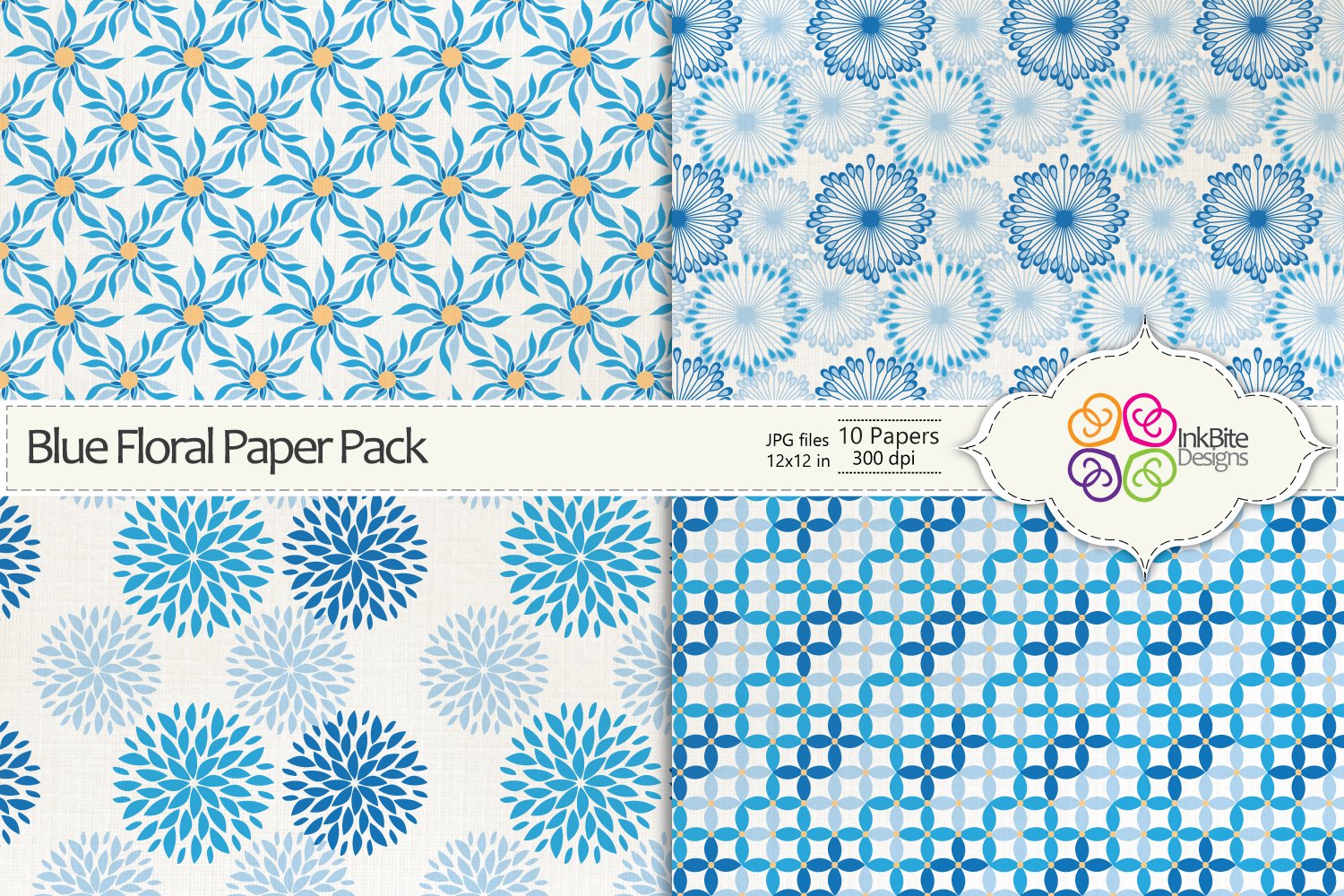 Blue Floral Paper Pack (87922) | Backgrounds | Design Bundles