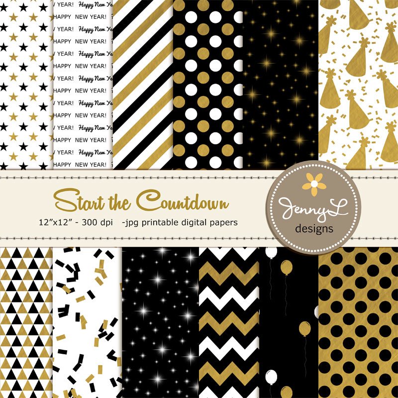 New Year's Eve Digital Papers, Black and Gold Geometric Digital paper ...