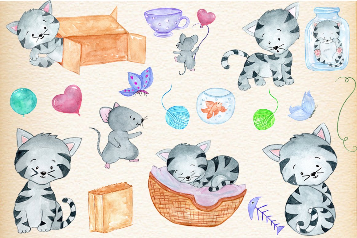 Watercolor Cats clipart (38184) | Illustrations | Design Bundles