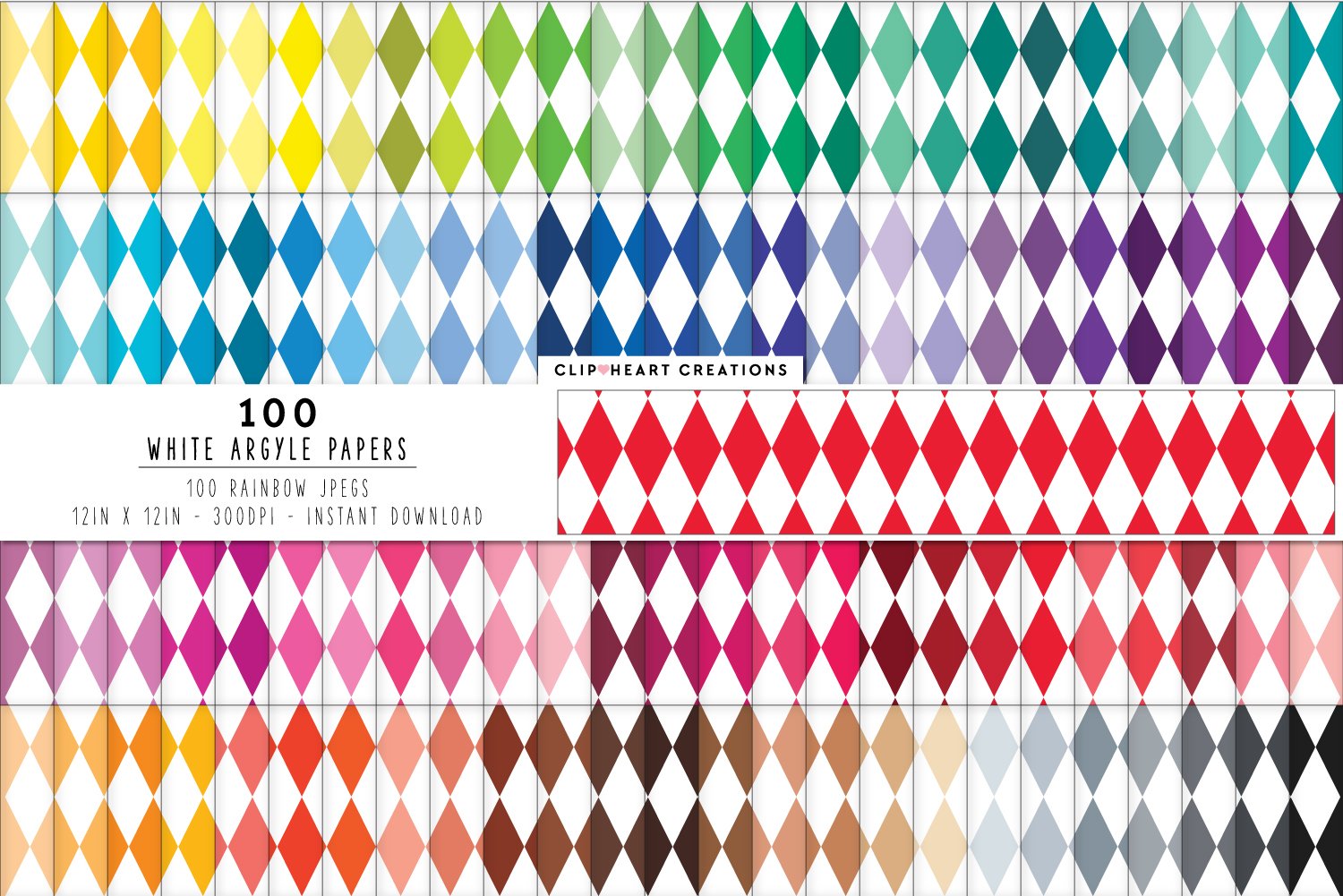 100 White Argyle Digital Papers - rainbow colors 12 x 12in (111254 ...